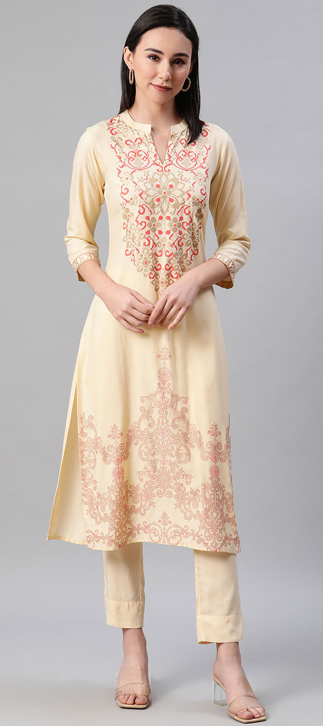 Casual Beige and Brown color Rayon fabric Tunic with Bottom : 1751795