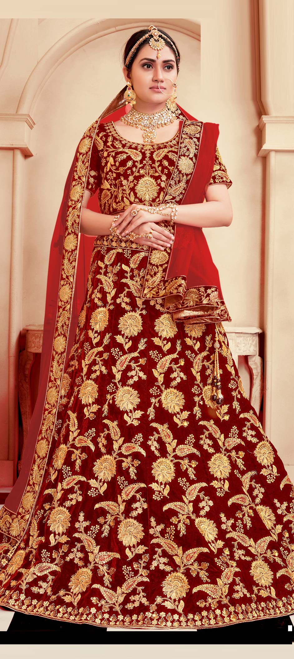 Bridal, Wedding Red and Maroon color Velvet fabric Lehenga : 1752322