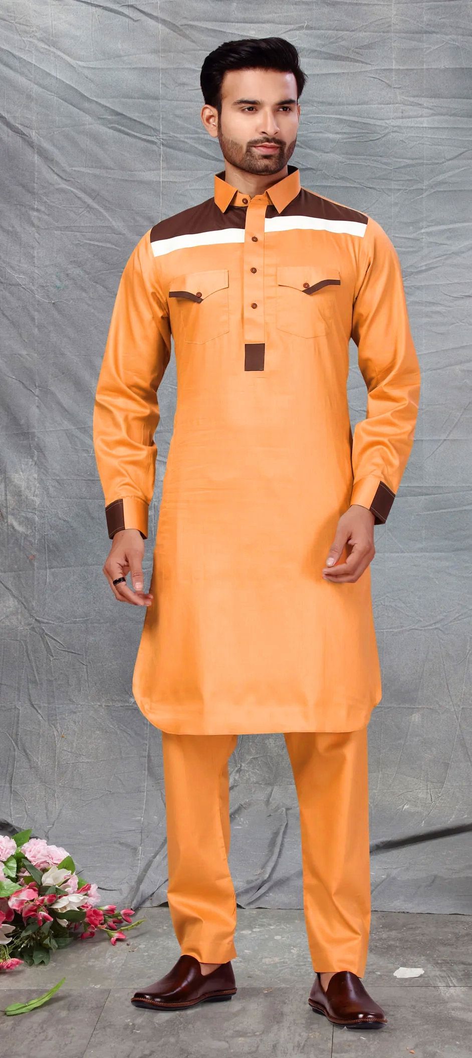 Gold color Cotton fabric Pathani Suit : 1757752