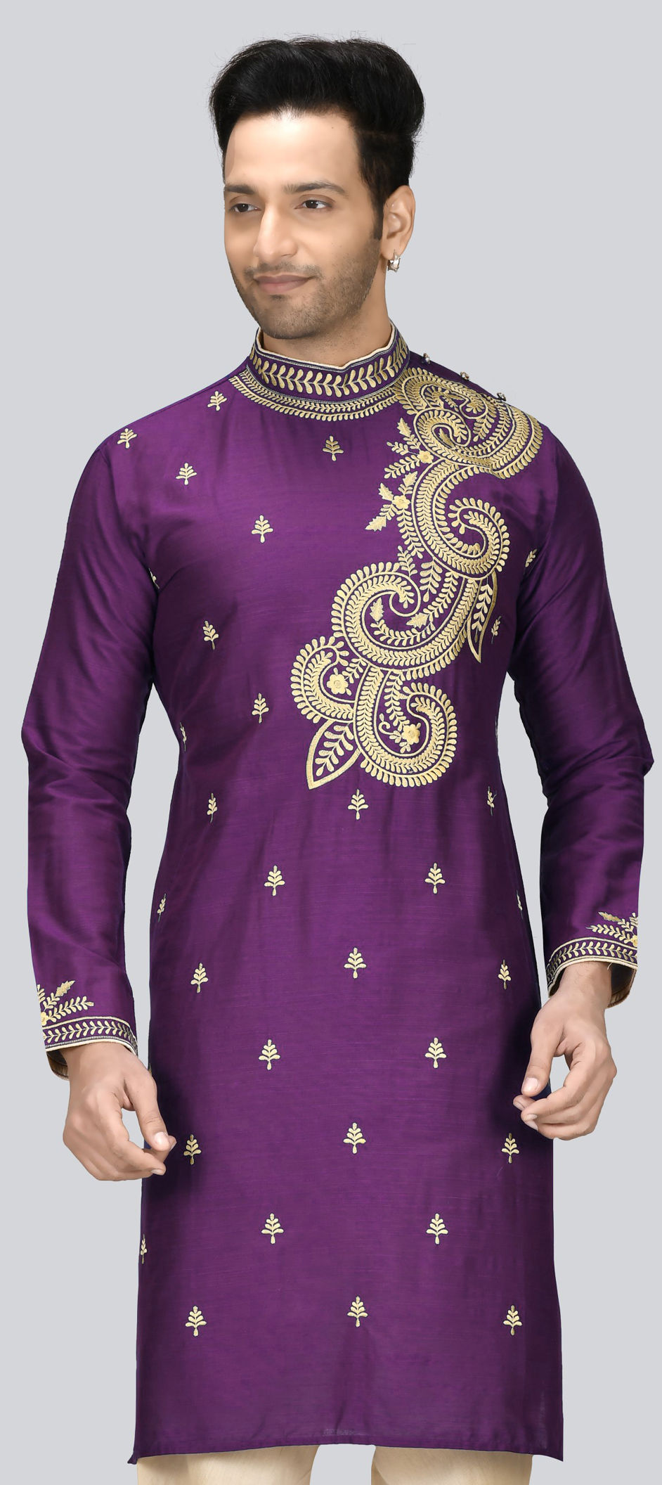 Purple and Violet color Dupion Silk fabric Kurta : 1759130