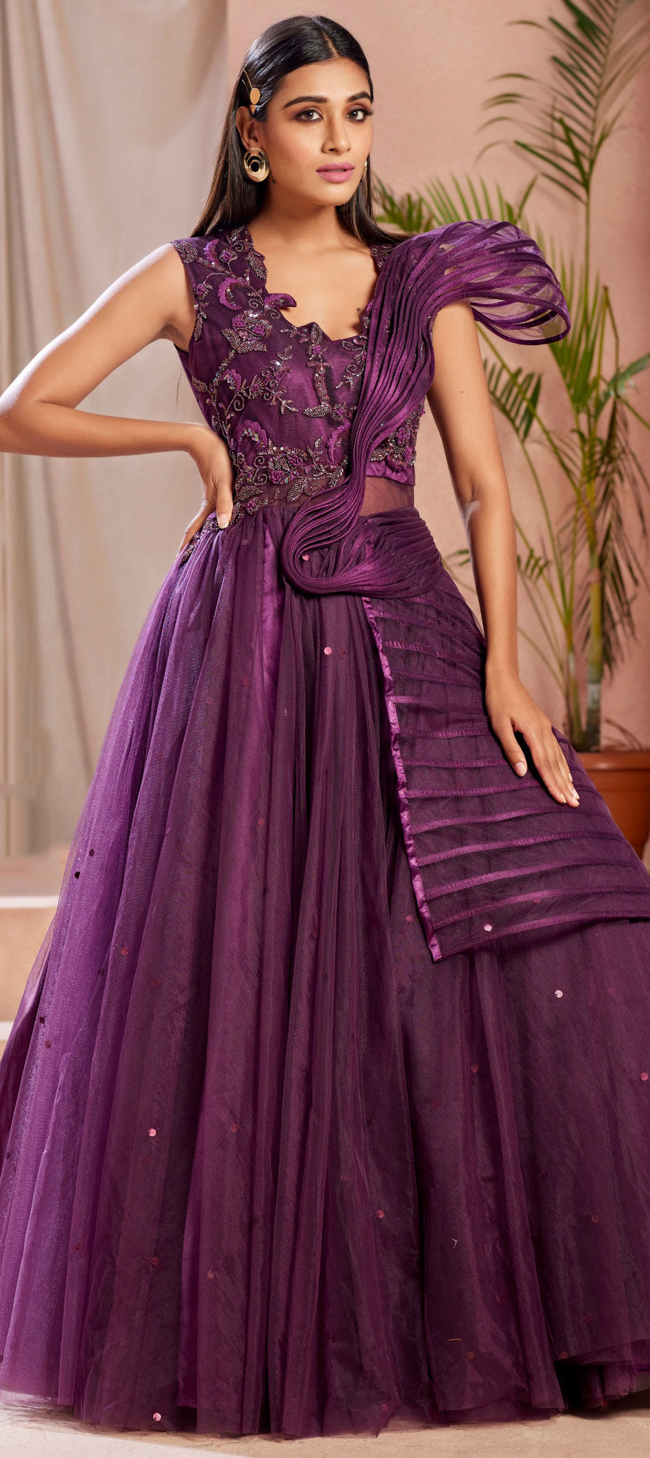 Festive, Party Wear, Wedding Purple and Violet color Net fabric Gown ...