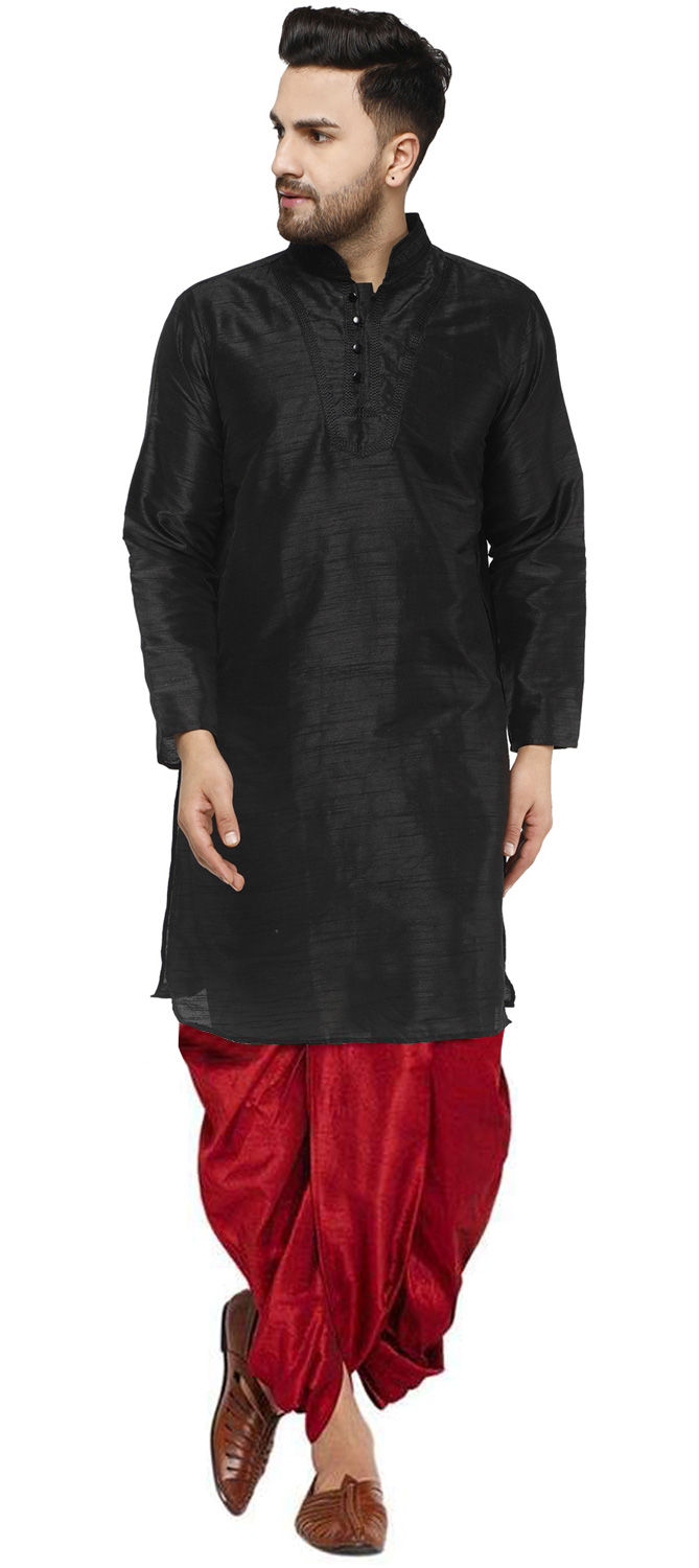 Black and Grey color Dupion Silk fabric Dhoti Kurta : 1765063