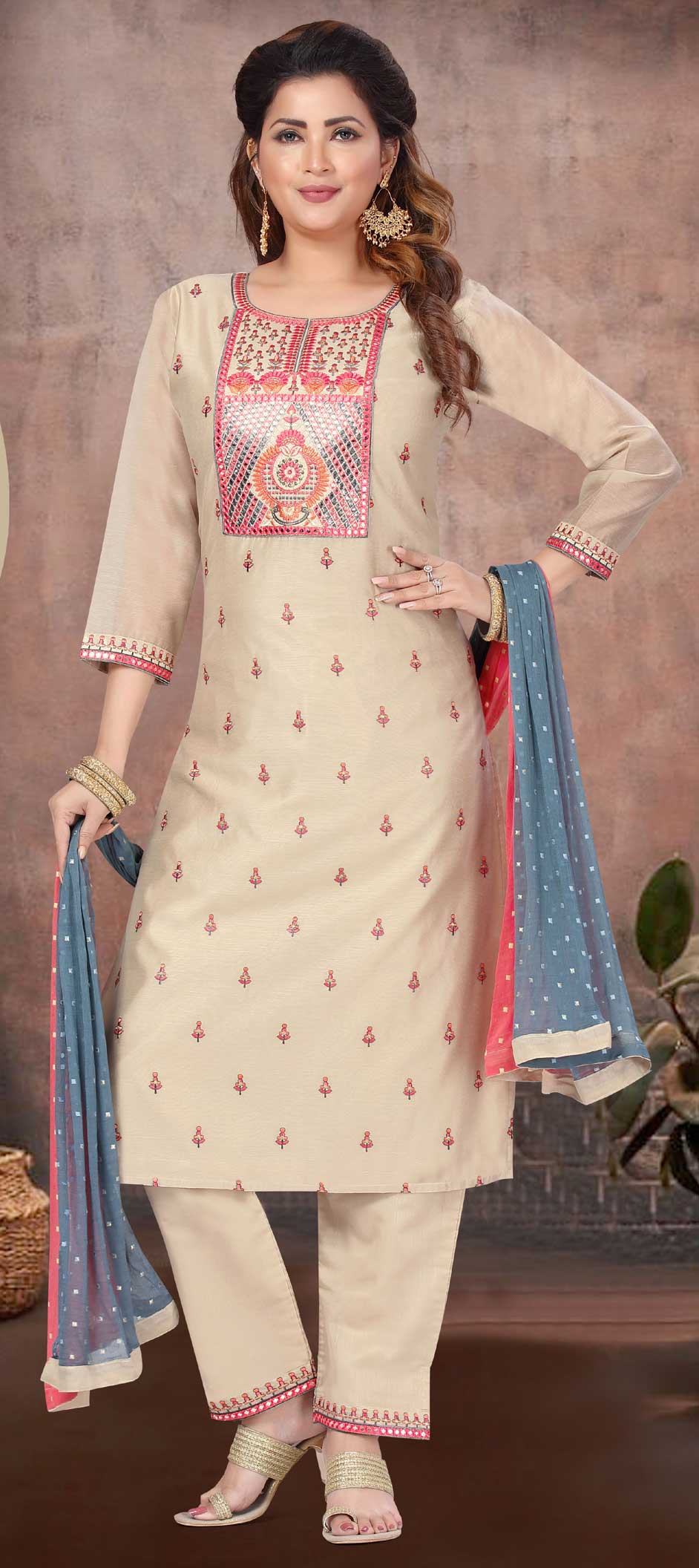Party Wear Beige and Brown color Chanderi Silk fabric Salwar Kameez ...