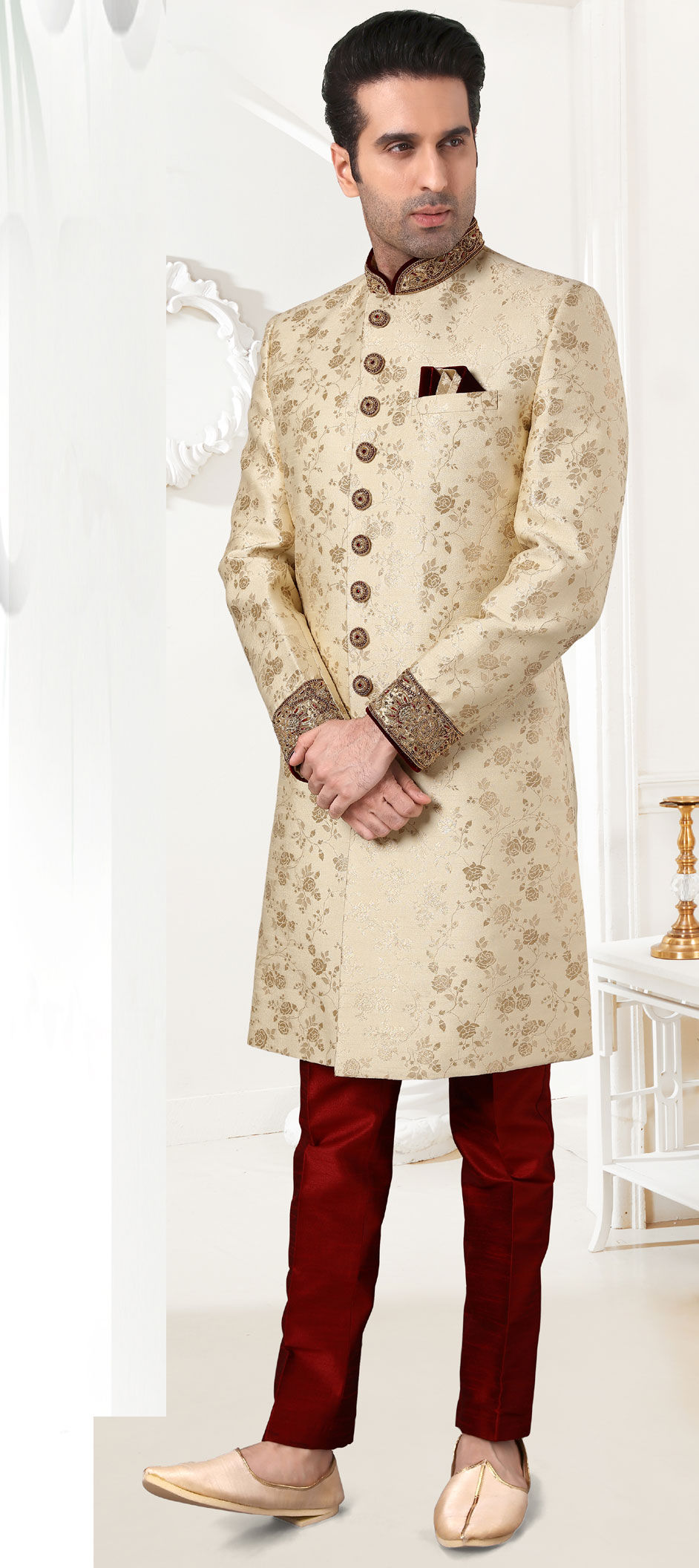 Gold color Brocade fabric Sherwani : 1771079