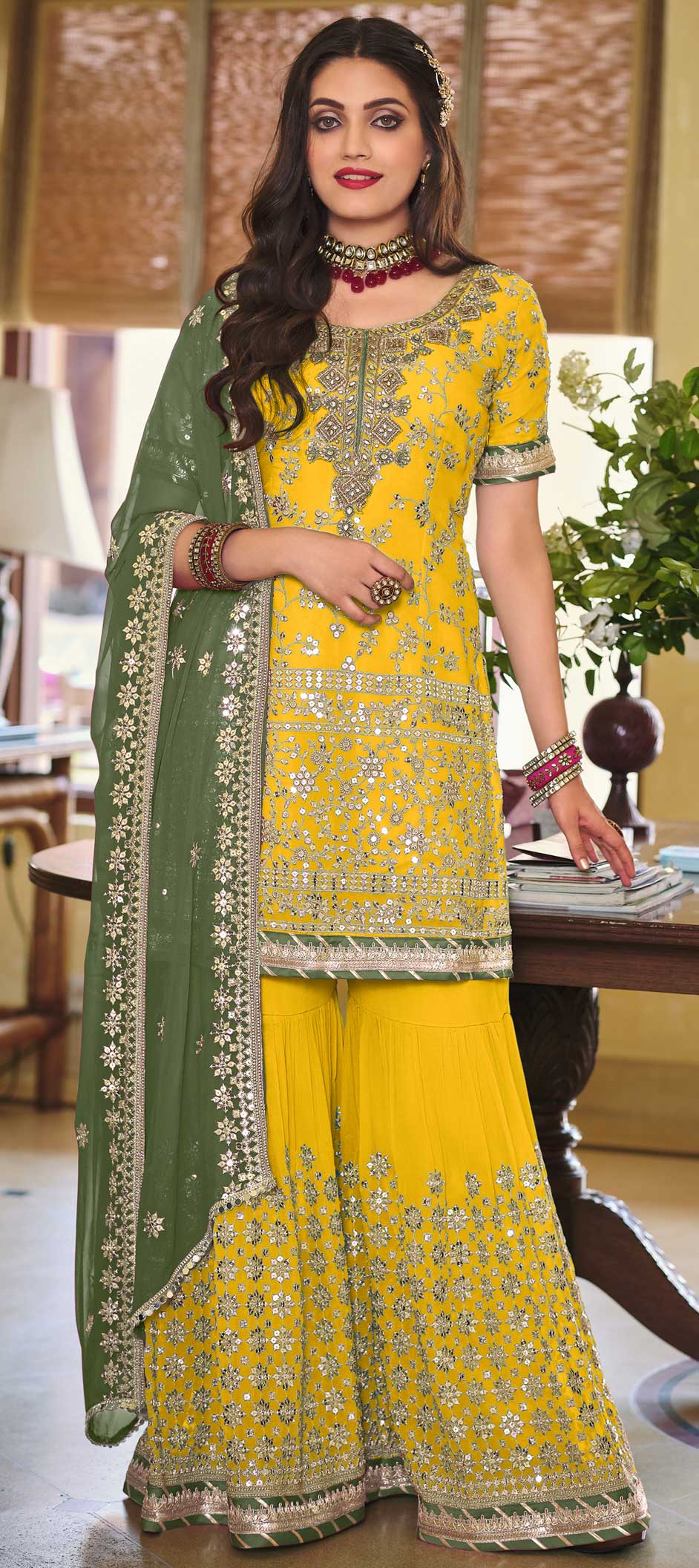 Engagement, Festive, Party Wear Yellow color Faux Georgette fabric ...