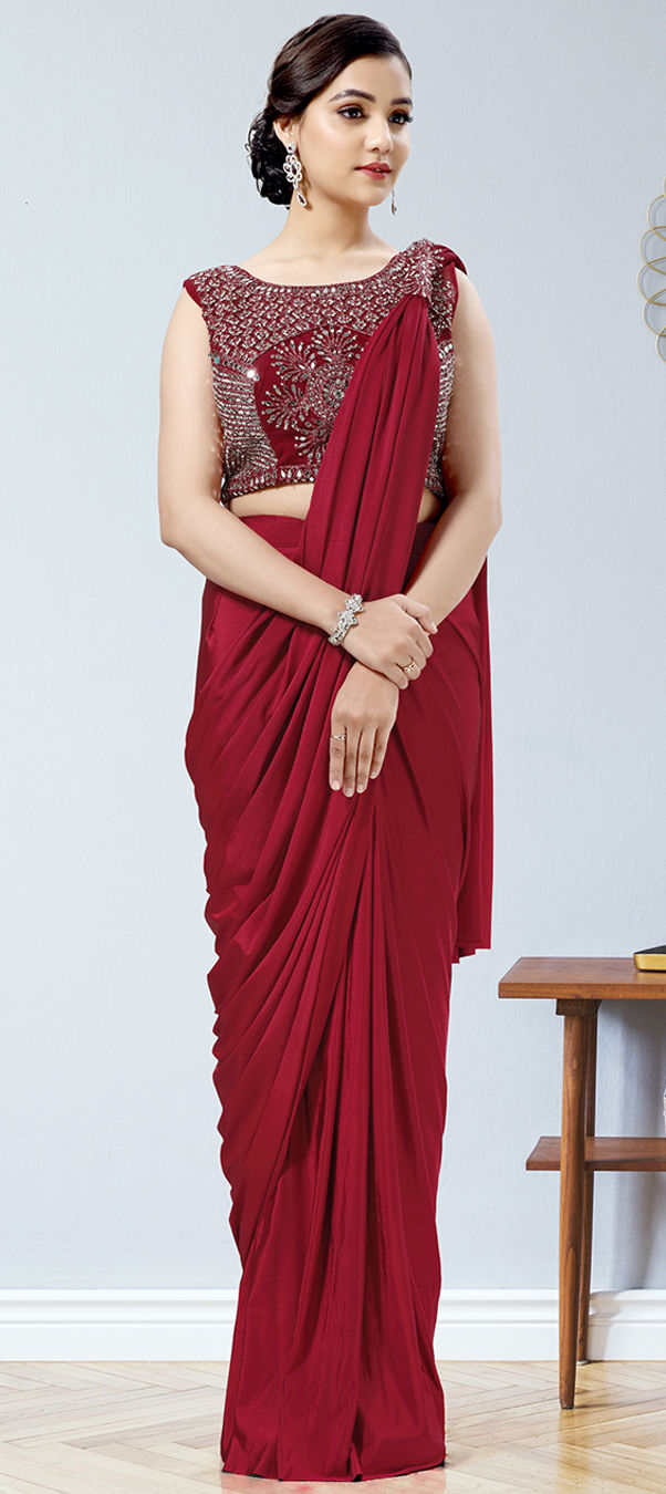 Engagement, Festive, Wedding Red and Maroon color Lycra fabric ...