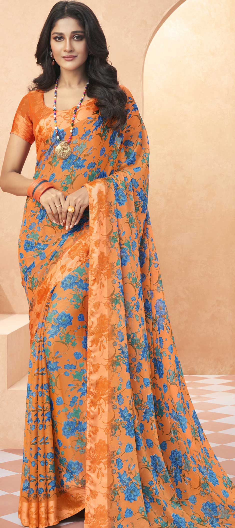 Casual, Festive Orange color Chiffon fabric Saree : 1773451