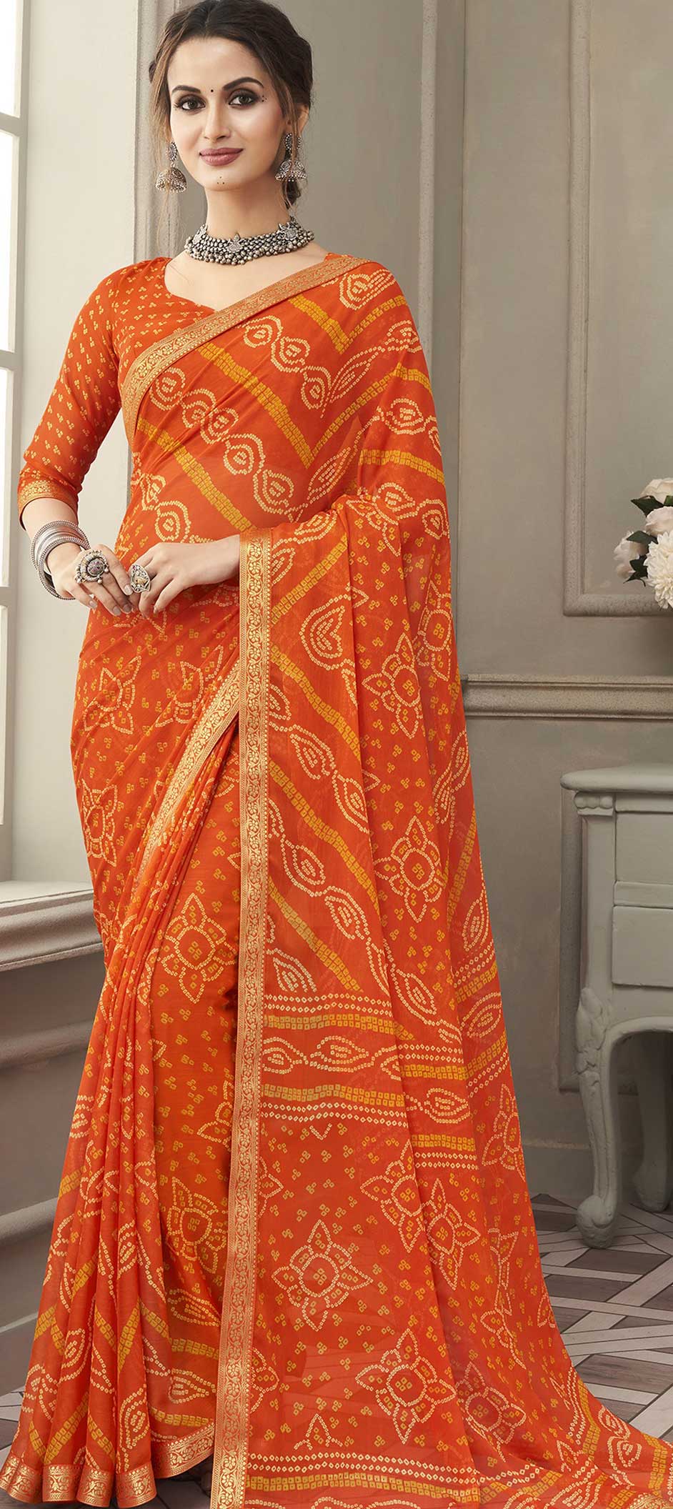 Casual, Festive, Party Wear Orange color Chiffon fabric Saree : 1773759