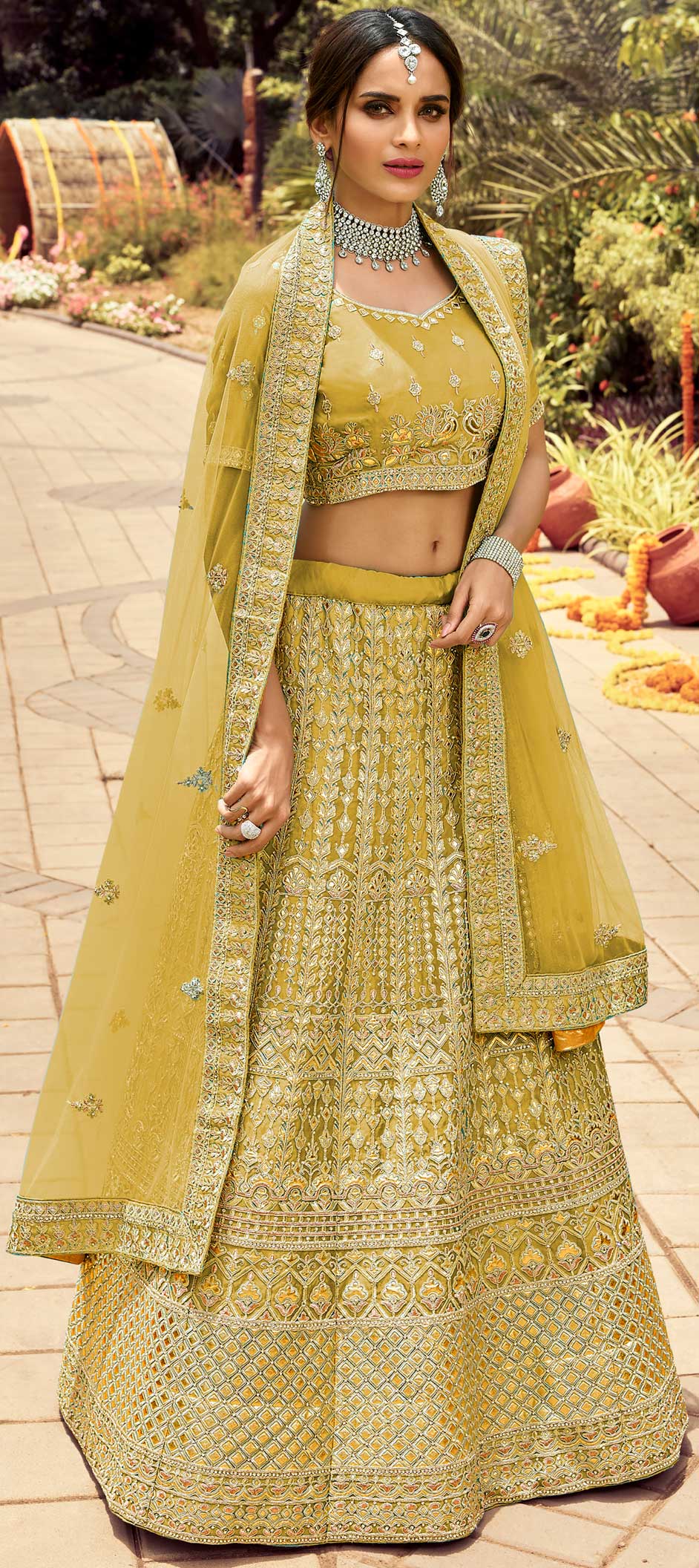 Bridal, Reception Yellow color Organza Silk fabric Lehenga : 1775226