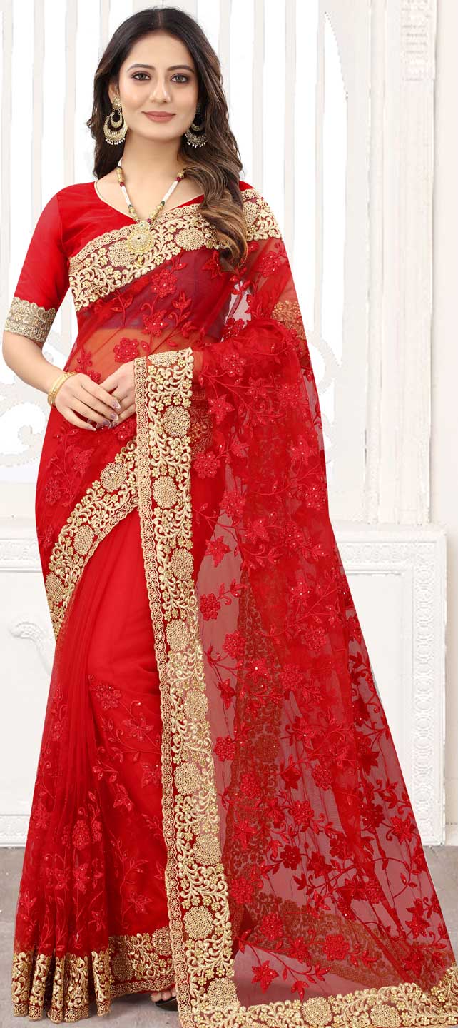 Engagement, Festive, Wedding Red and Maroon color Net fabric Saree ...