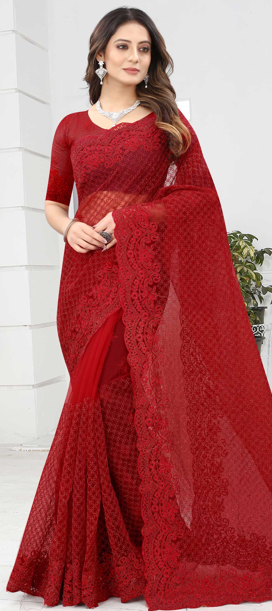 Festive, Mehendi Sangeet, Wedding Red and Maroon color Net fabric Saree ...