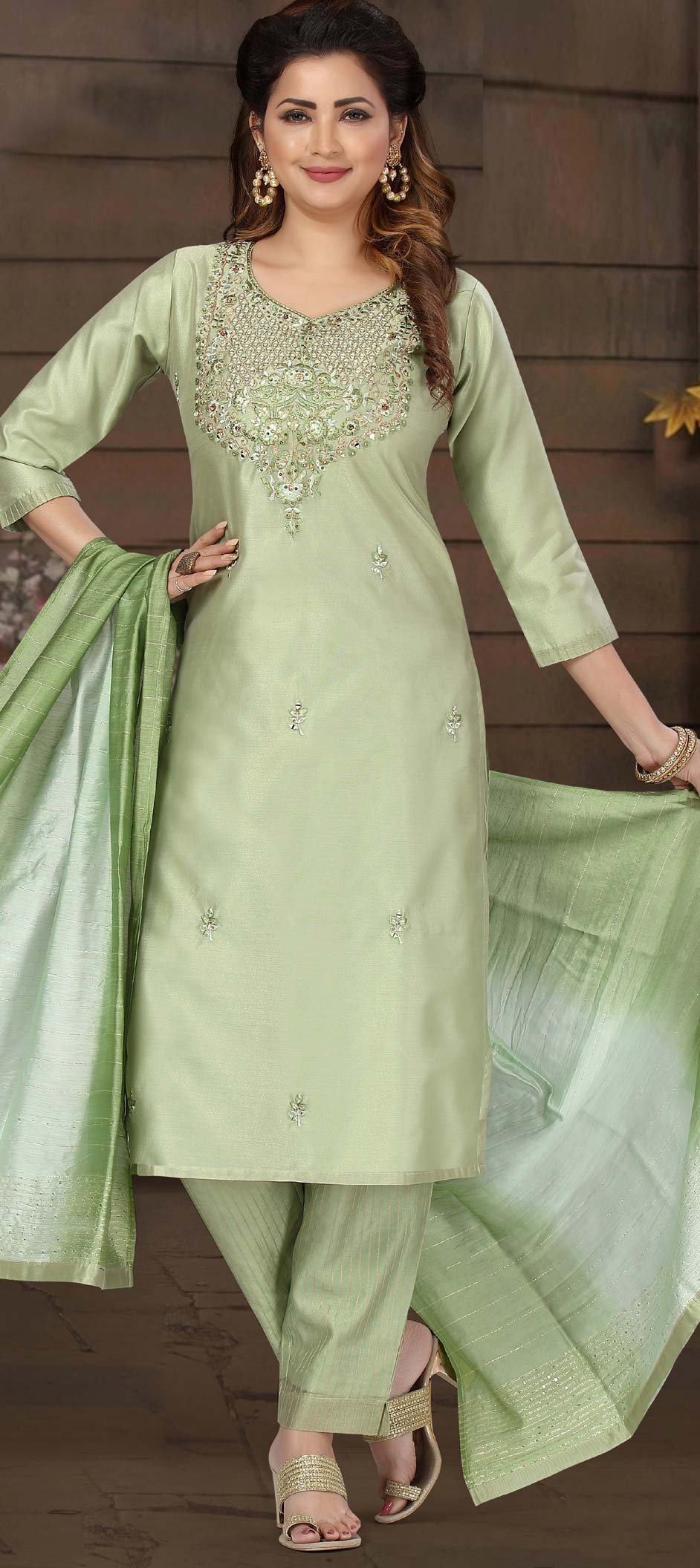 Party Wear Green color Chanderi Silk fabric Salwar Kameez : 1776836