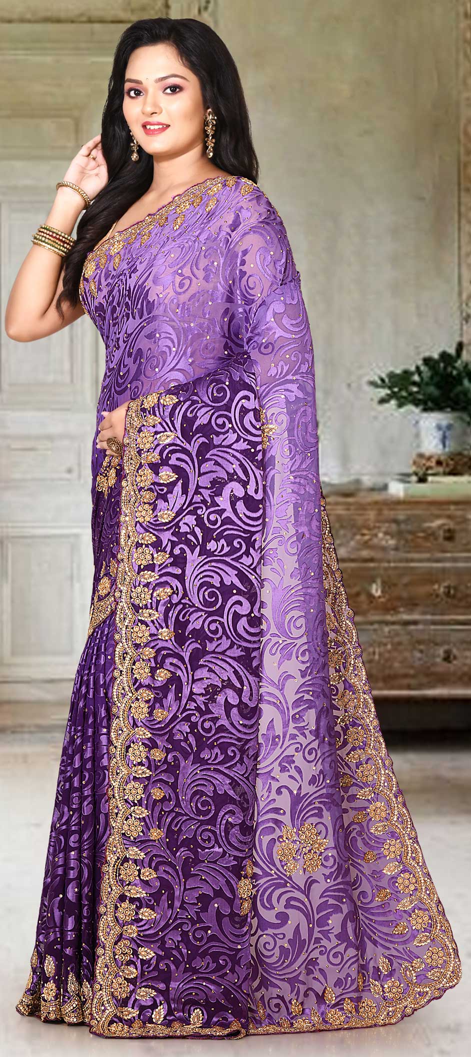 Bridal, Wedding Purple and Violet color Brasso fabric Saree : 1777170