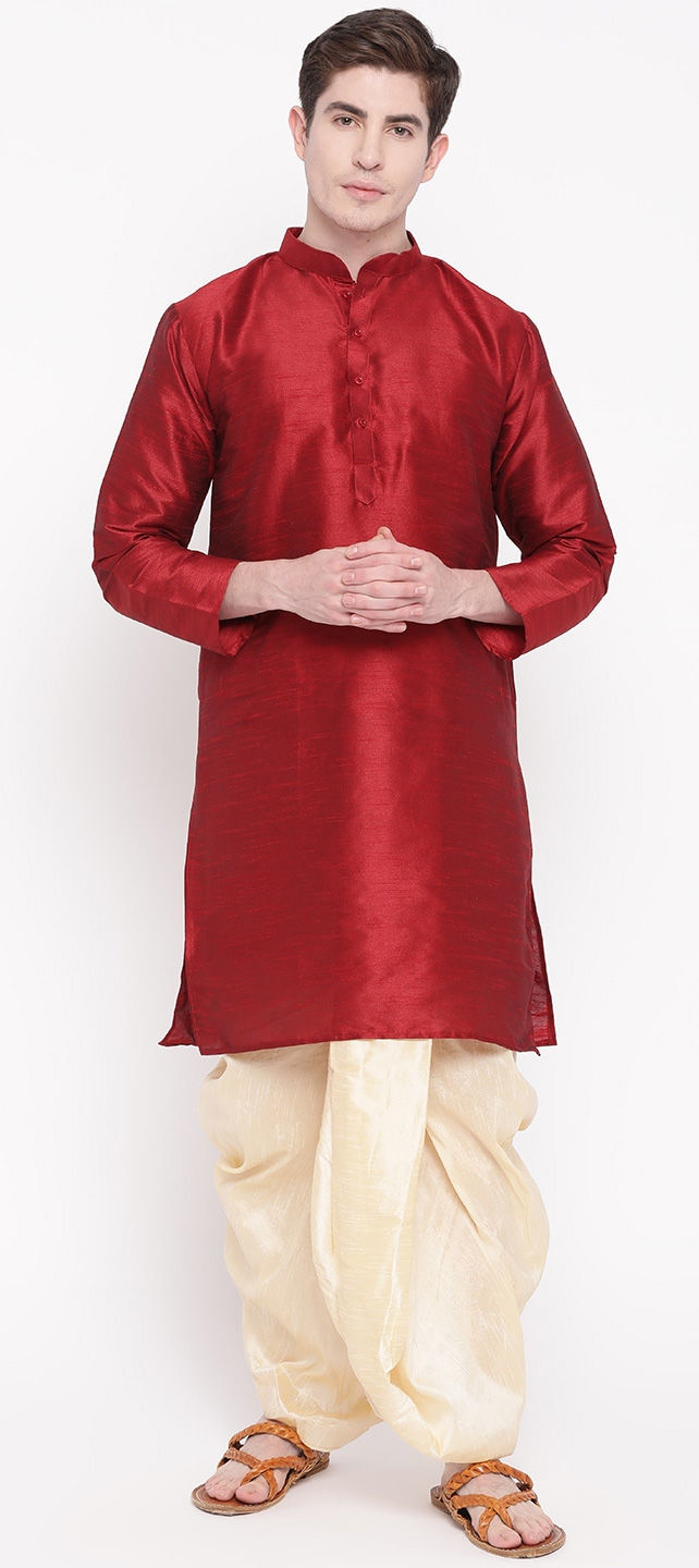 Red and Maroon color Dupion Silk fabric Dhoti Kurta : 1778013