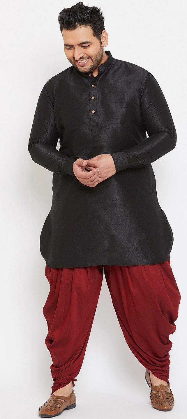 Black and Grey color Dupion Silk, Silk fabric Dhoti Kurta : 1779721
