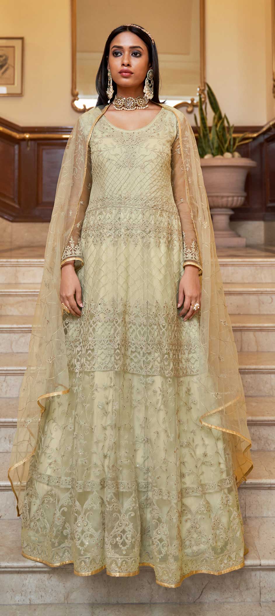 Festive, Mehendi Sangeet, Party Wear Beige and Brown color Net fabric ...