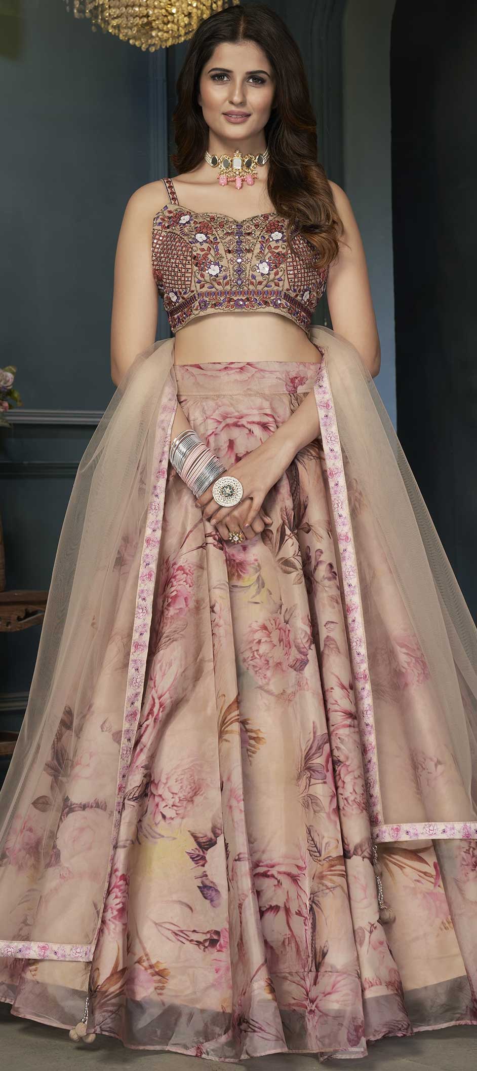 Mehendi Sangeet, Reception Beige and Brown color Organza Silk fabric ...