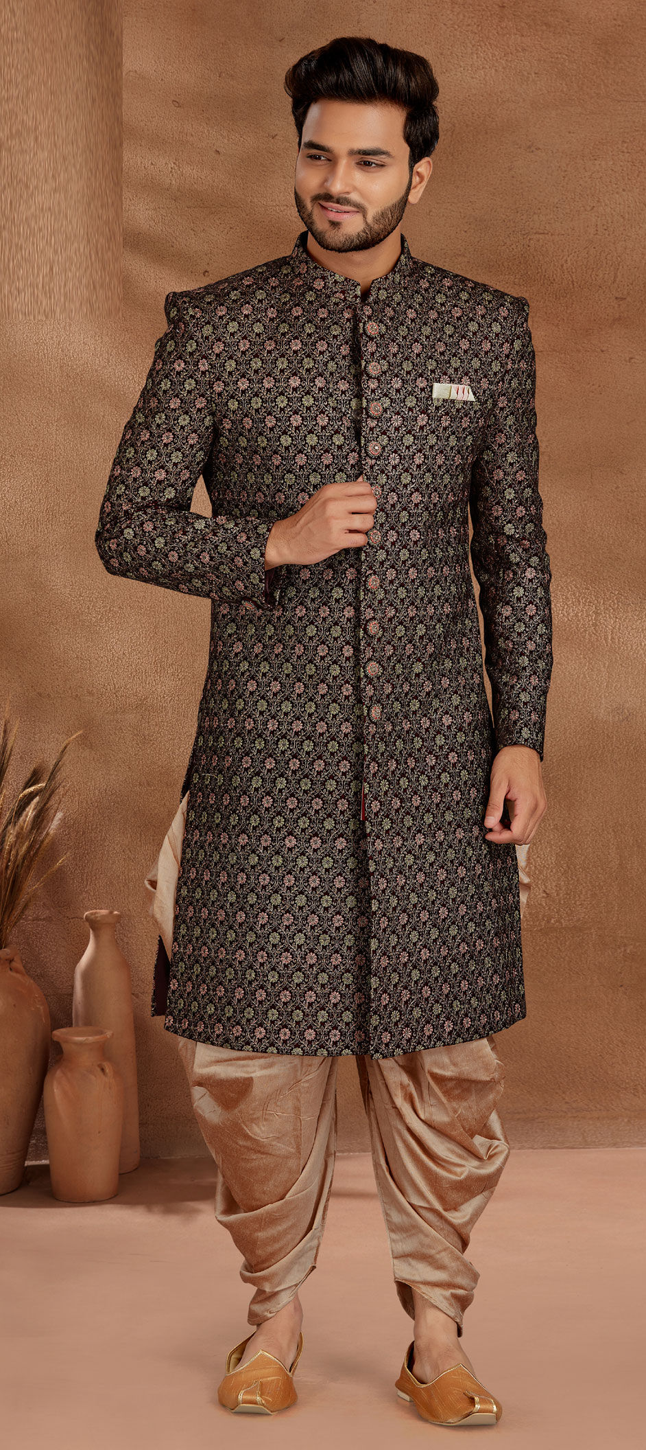 Purple and Violet color Velvet fabric Dhoti Sherwani : 1781789