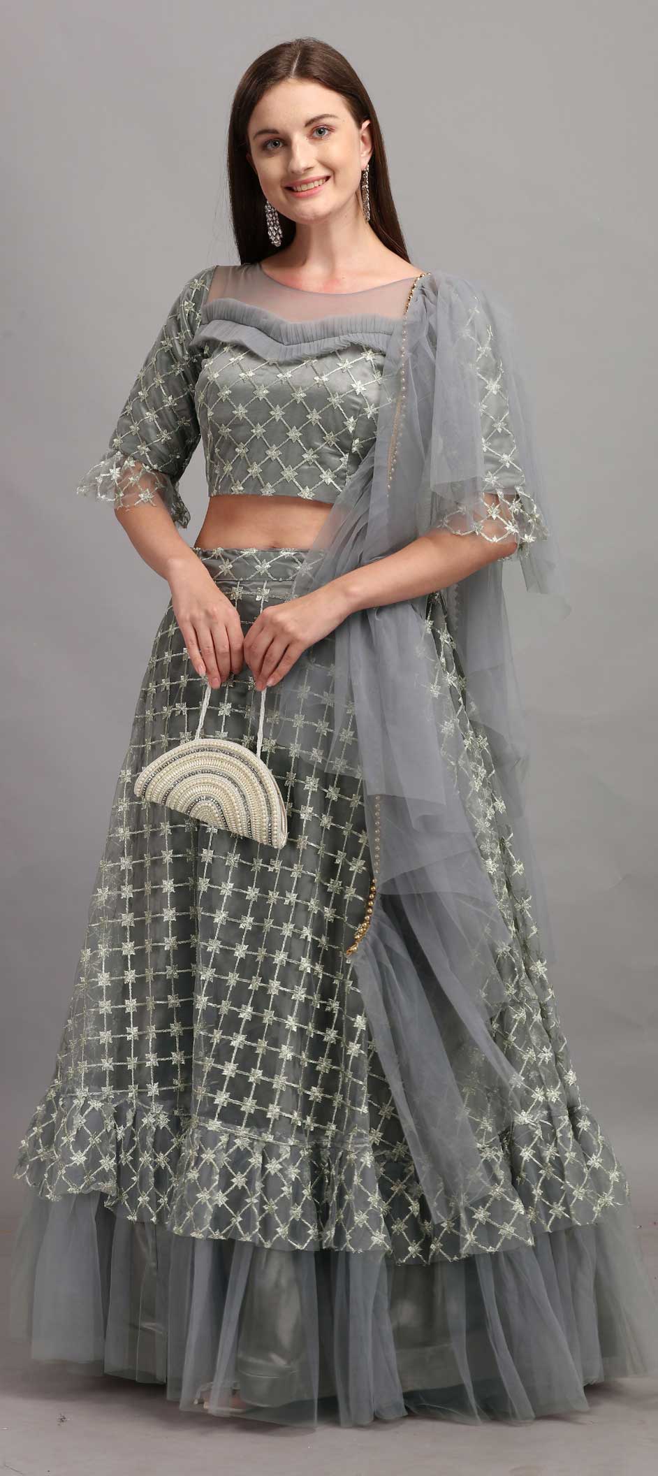 Festive, Reception, Wedding Black and Grey color Net fabric Lehenga ...
