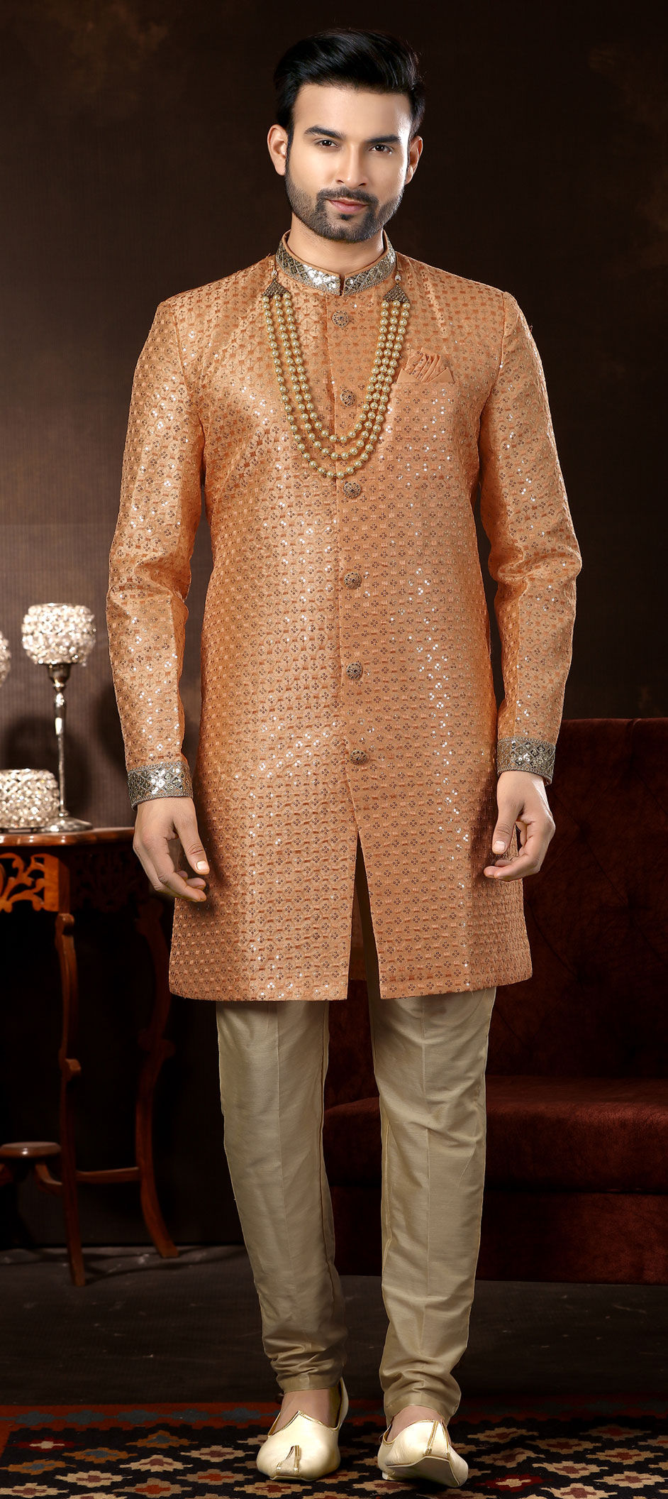 Pink and Majenta color Jacquard fabric Sherwani : 1782080