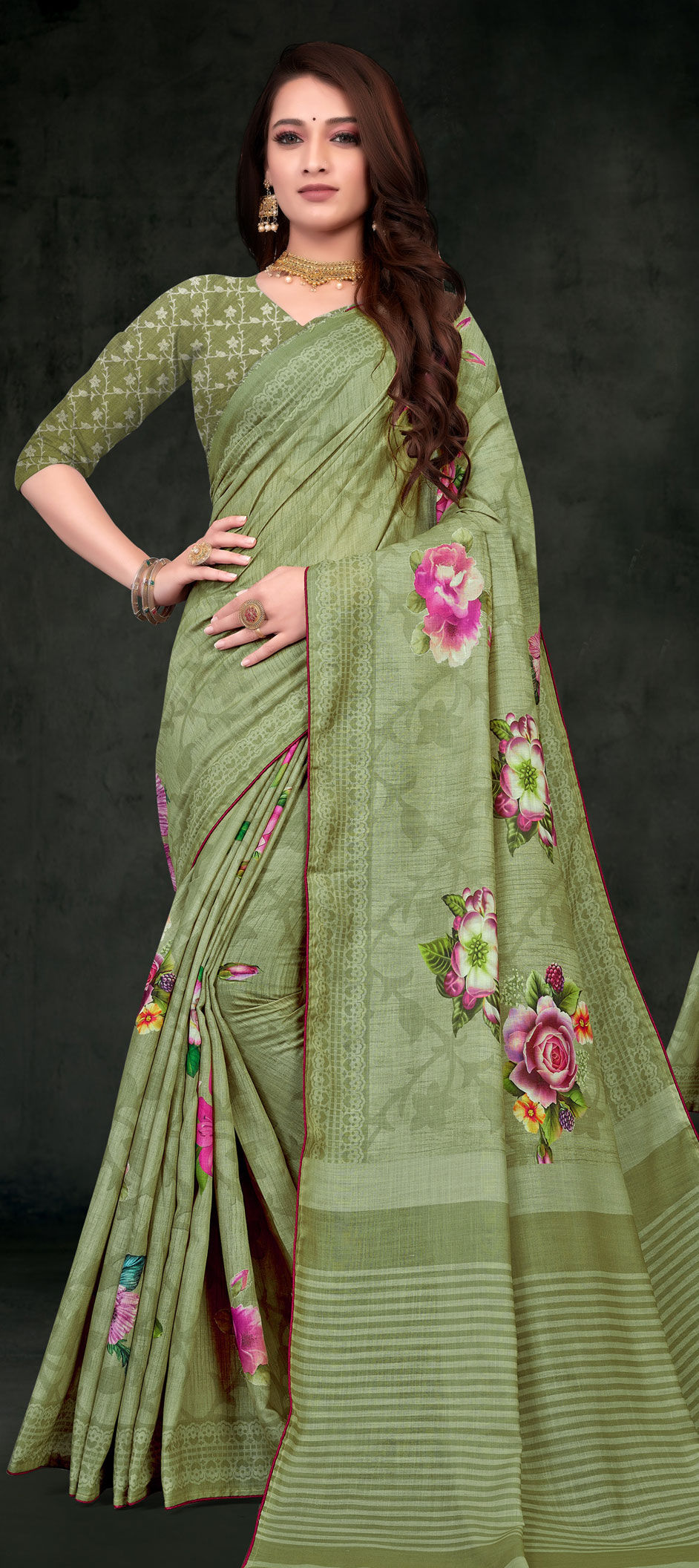 Casual, Traditional Green color Linen fabric Saree : 1782299