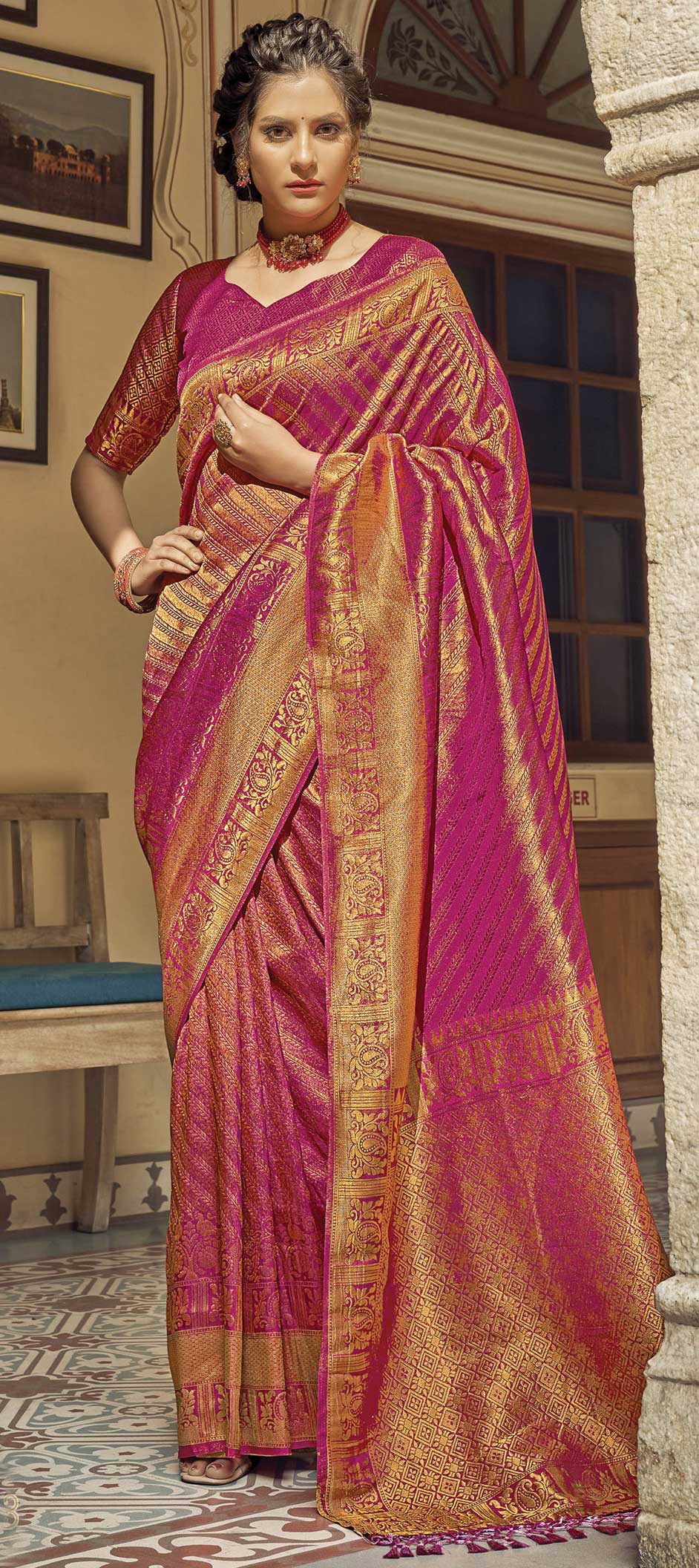 Traditional Pink and Majenta color Cotton fabric Saree : 1782344