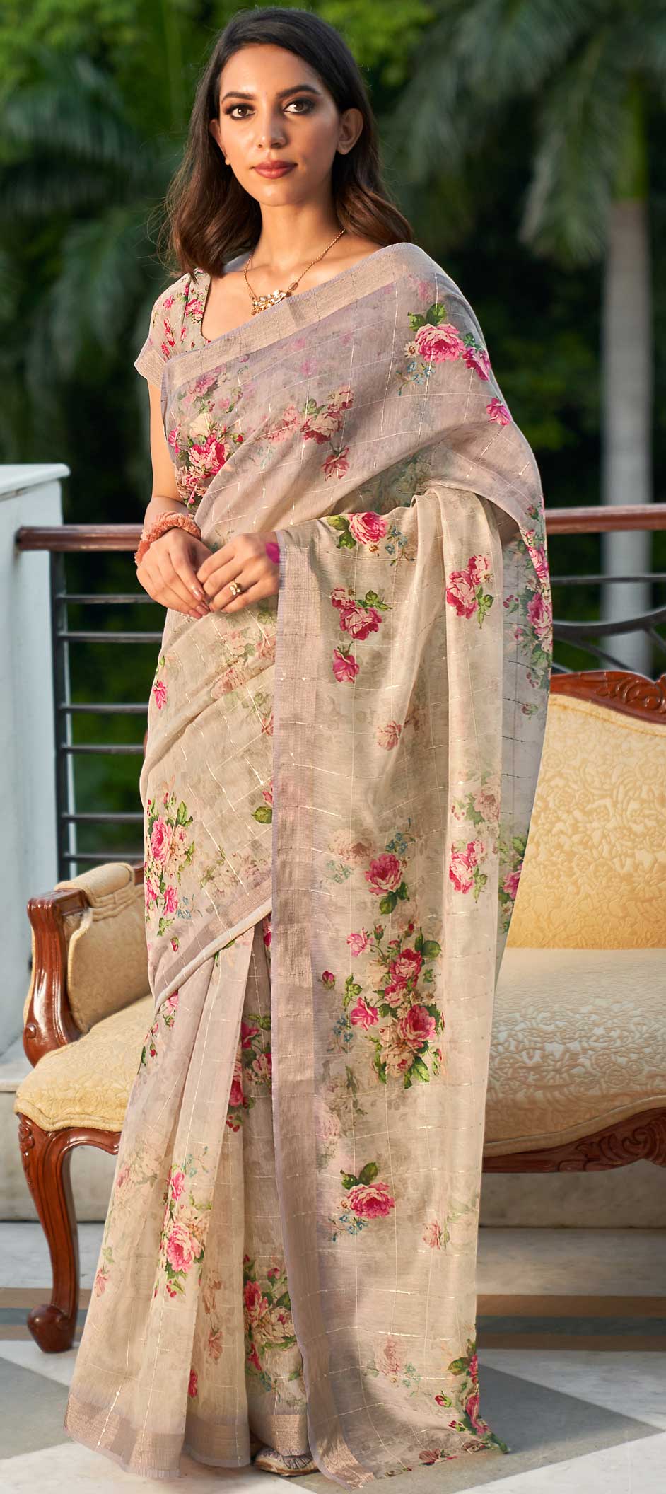 Casual, Traditional Beige and Brown color Linen fabric Saree : 1782348
