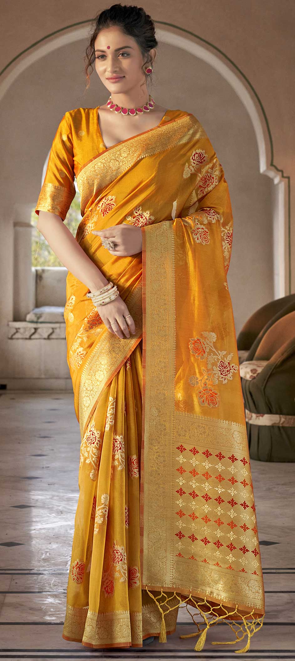 Traditional Yellow color Organza Silk, Silk fabric Saree : 1782354