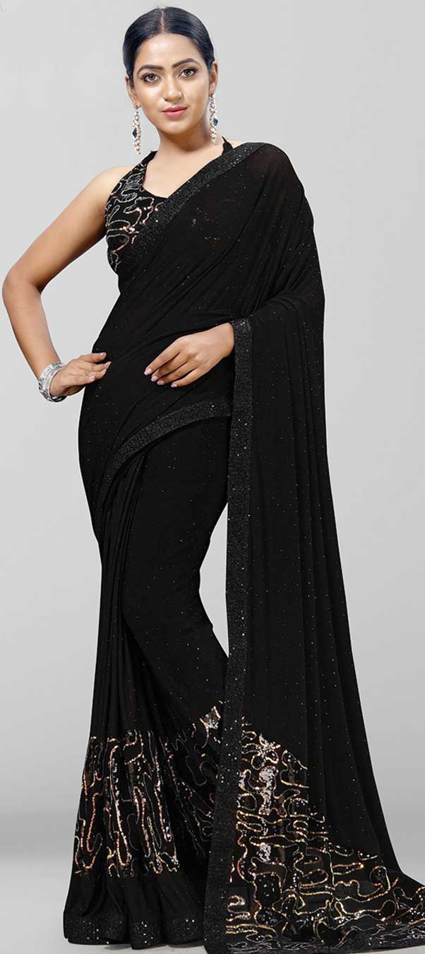 Party Wear, Reception Black and Grey color Lycra fabric Saree : 1782495