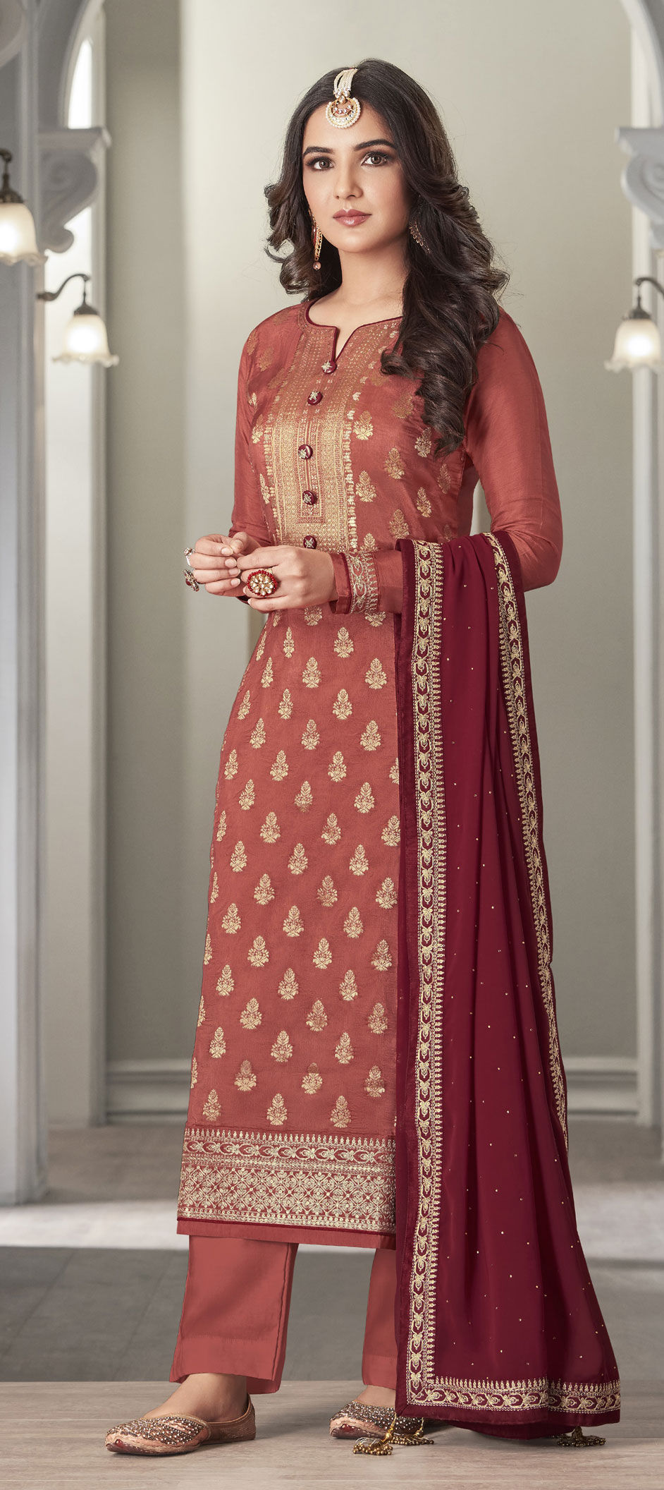 Bollywood Red and Maroon color Dolla Silk fabric Salwar Kameez : 1782569