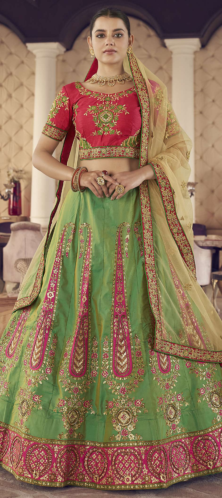 Bridal, Wedding Green color Jacquard fabric Lehenga : 1784530