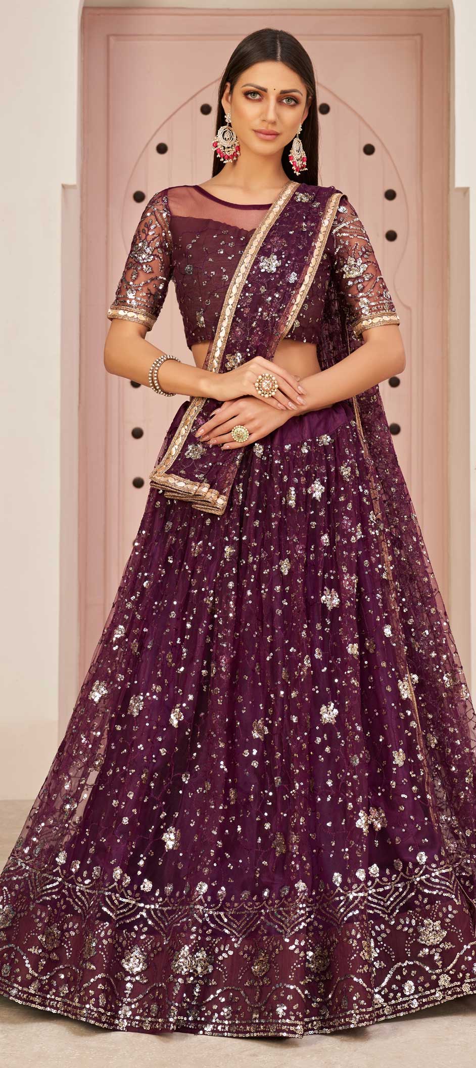 Reception, Wedding Purple and Violet color Net fabric Lehenga : 1785151