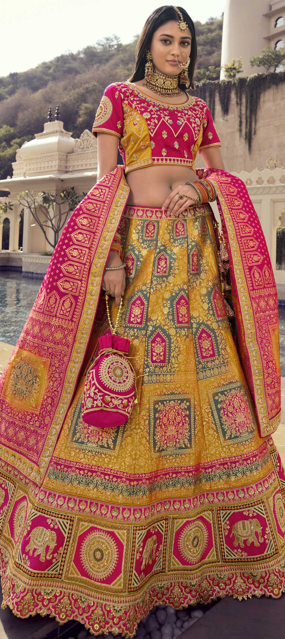Bridal, Reception, Wedding Yellow color Raw Silk fabric Lehenga : 1785533