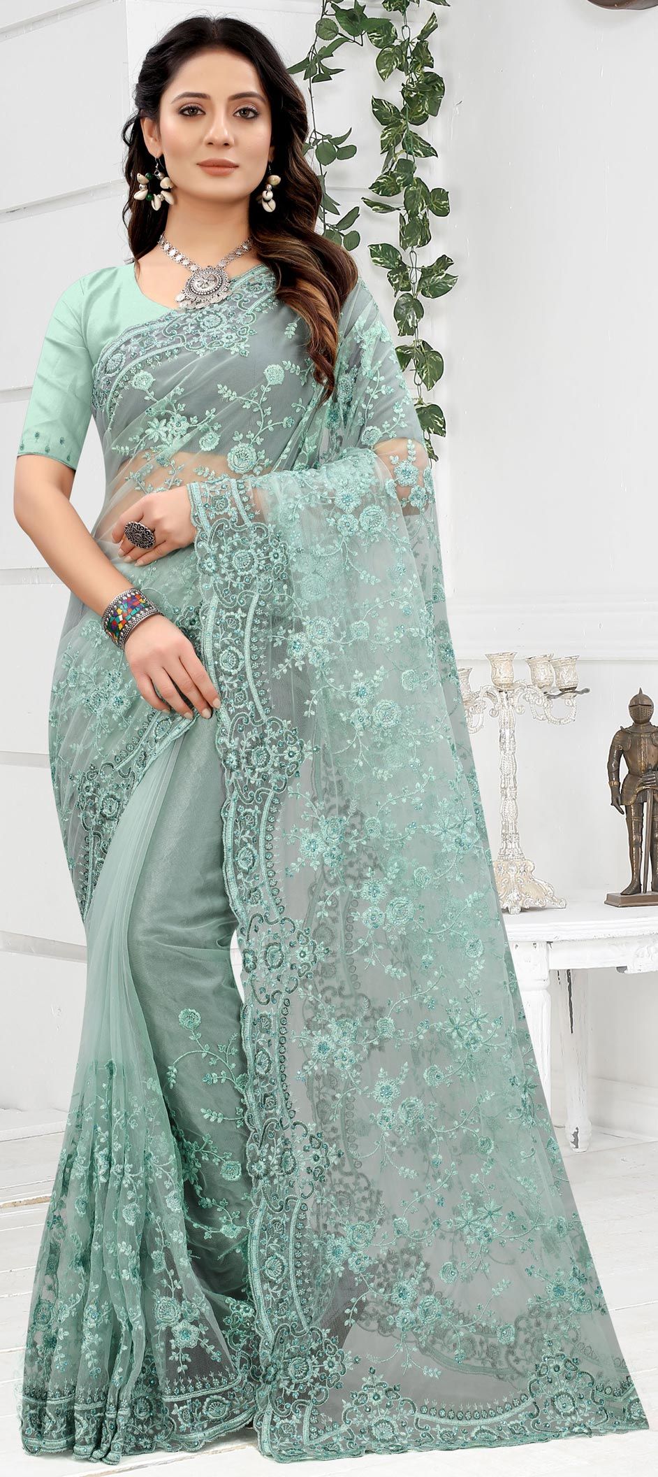 Festive, Party Wear, Wedding Blue color Net fabric Saree : 1786382