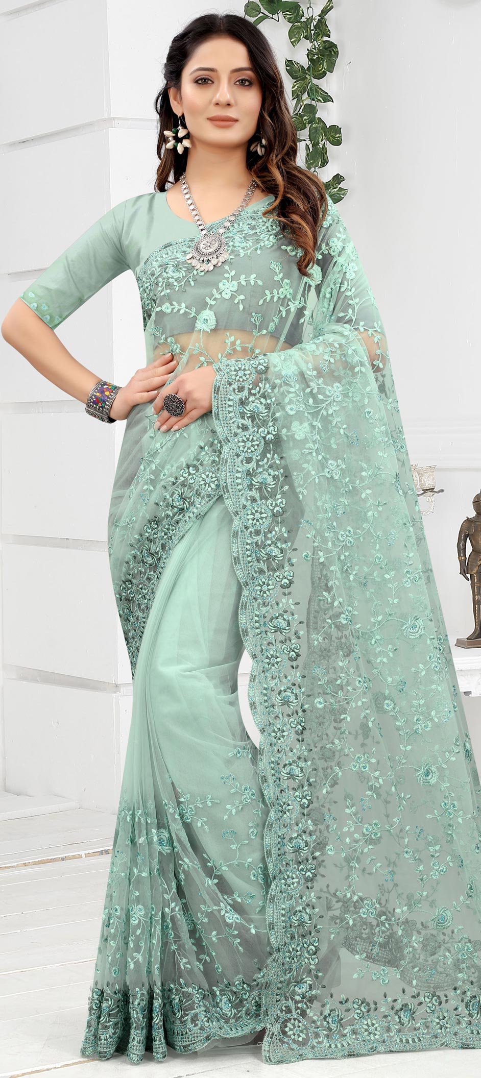 Festive, Party Wear, Wedding Blue color Net fabric Saree : 1786415