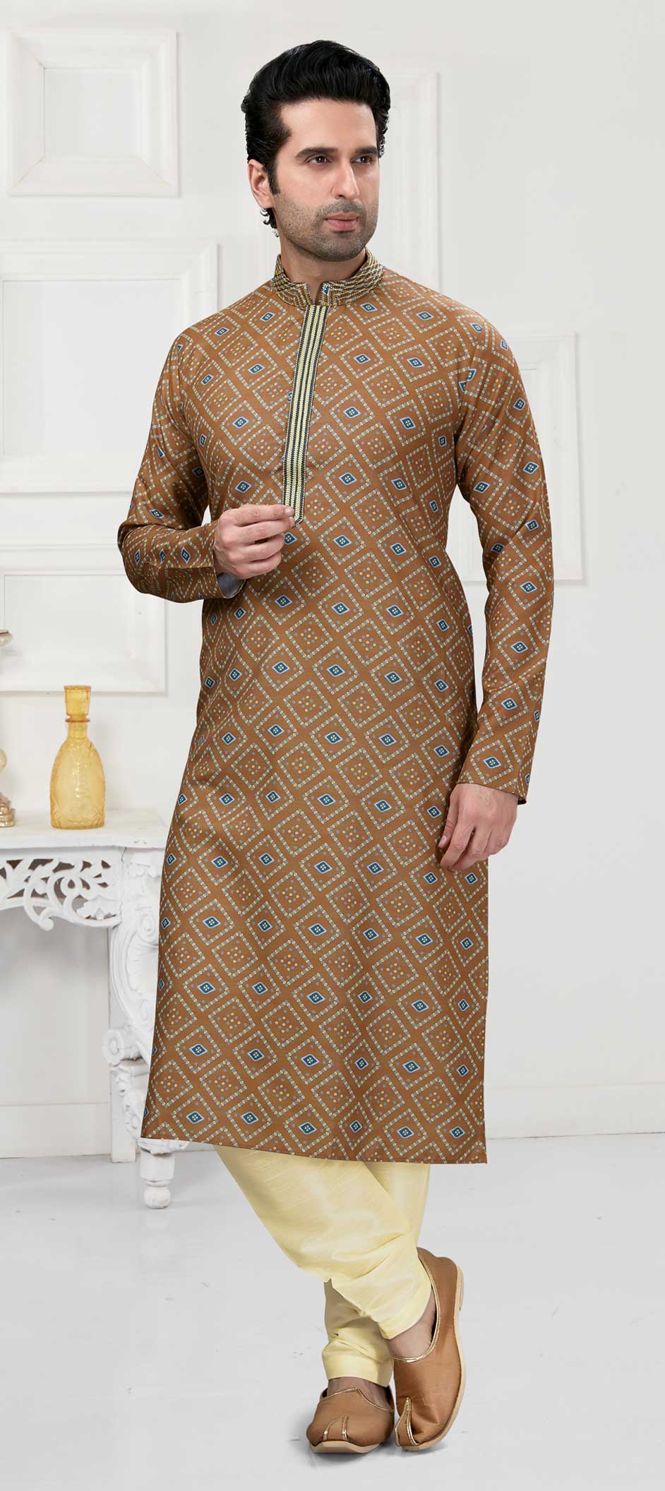 Beige and Brown color Cotton fabric Kurta Pyjamas : 1787014