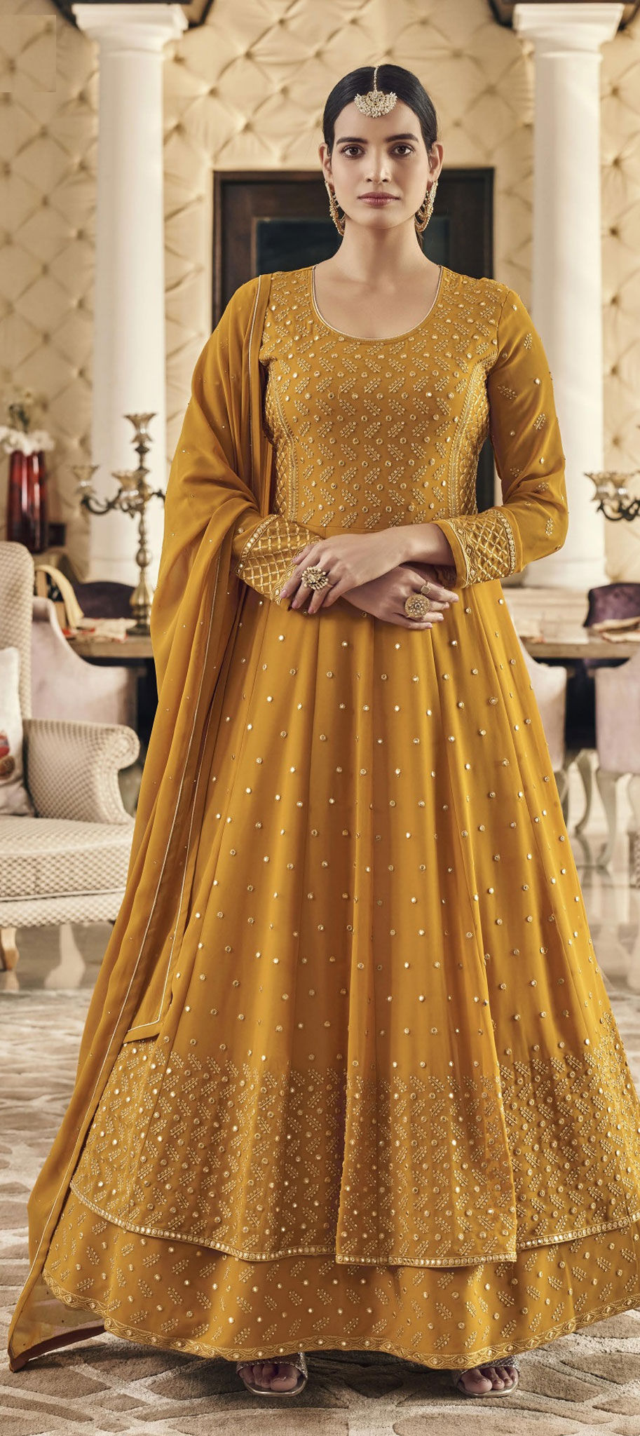 Festive, Party Wear Gold color Georgette fabric Salwar Kameez : 1788686