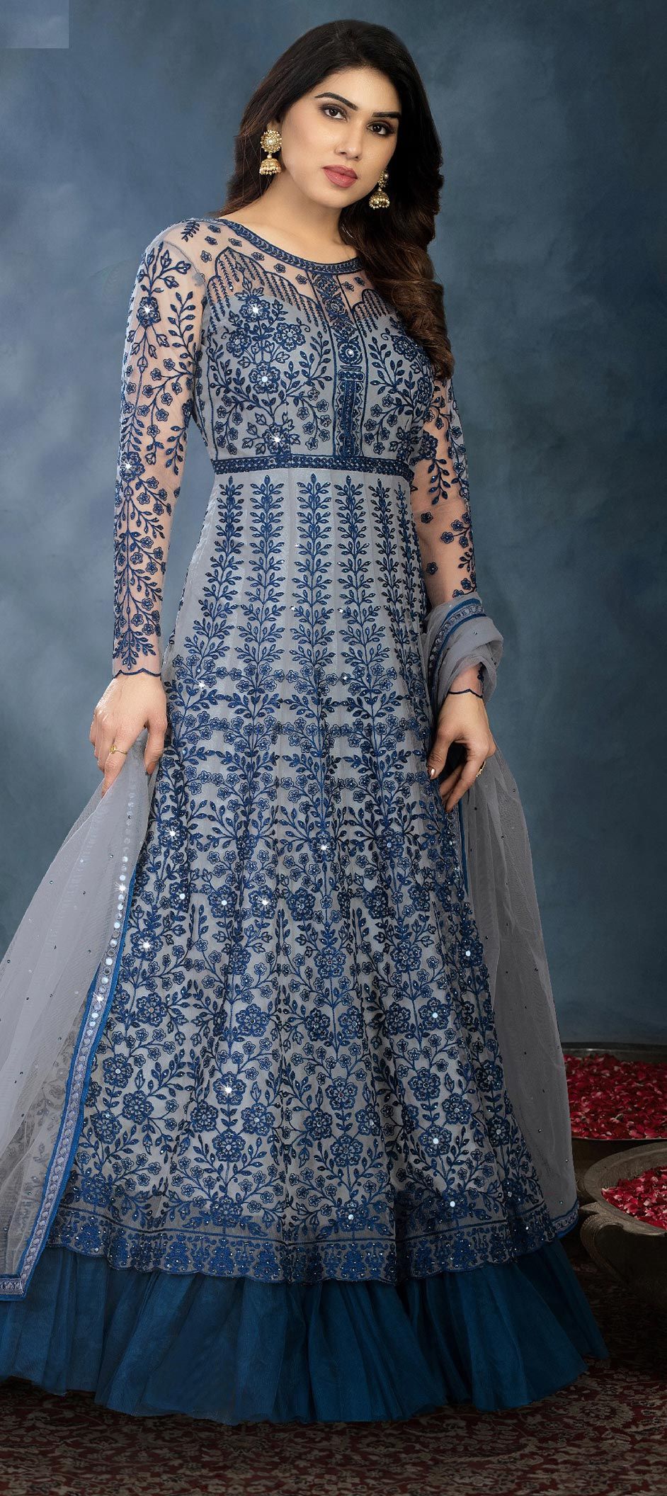 Festive, Party Wear Black and Grey color Net fabric Salwar Kameez : 1789483