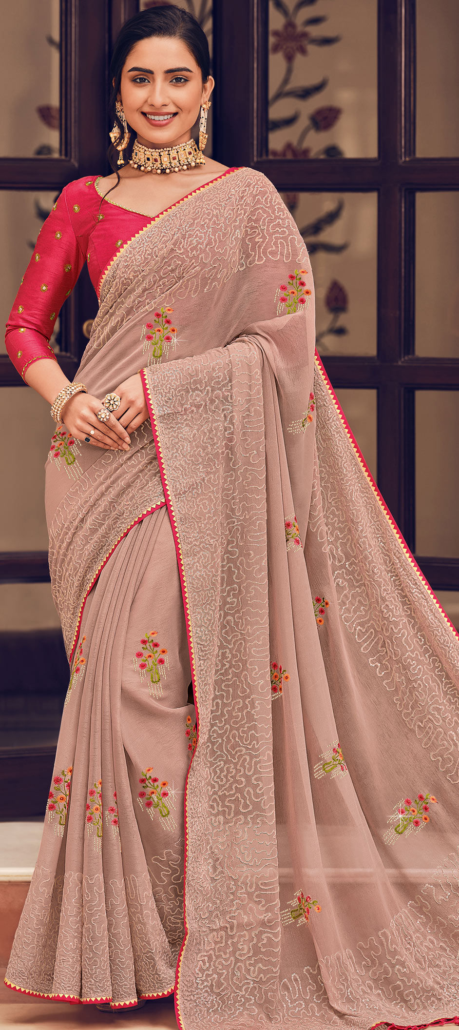 Festive, Party Wear Pink and Majenta color Chiffon fabric Saree : 1789559