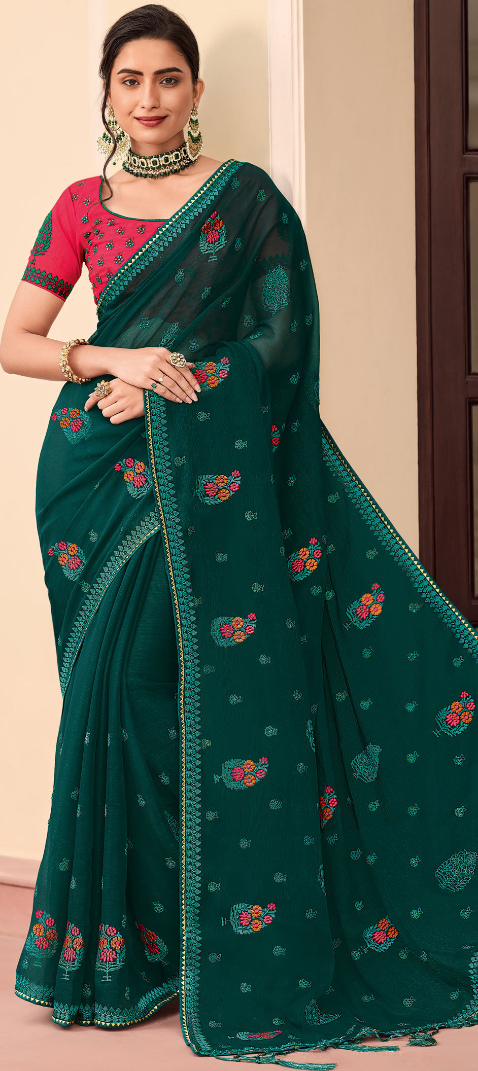 Festive, Party Wear Green color Chiffon fabric Saree : 1789564