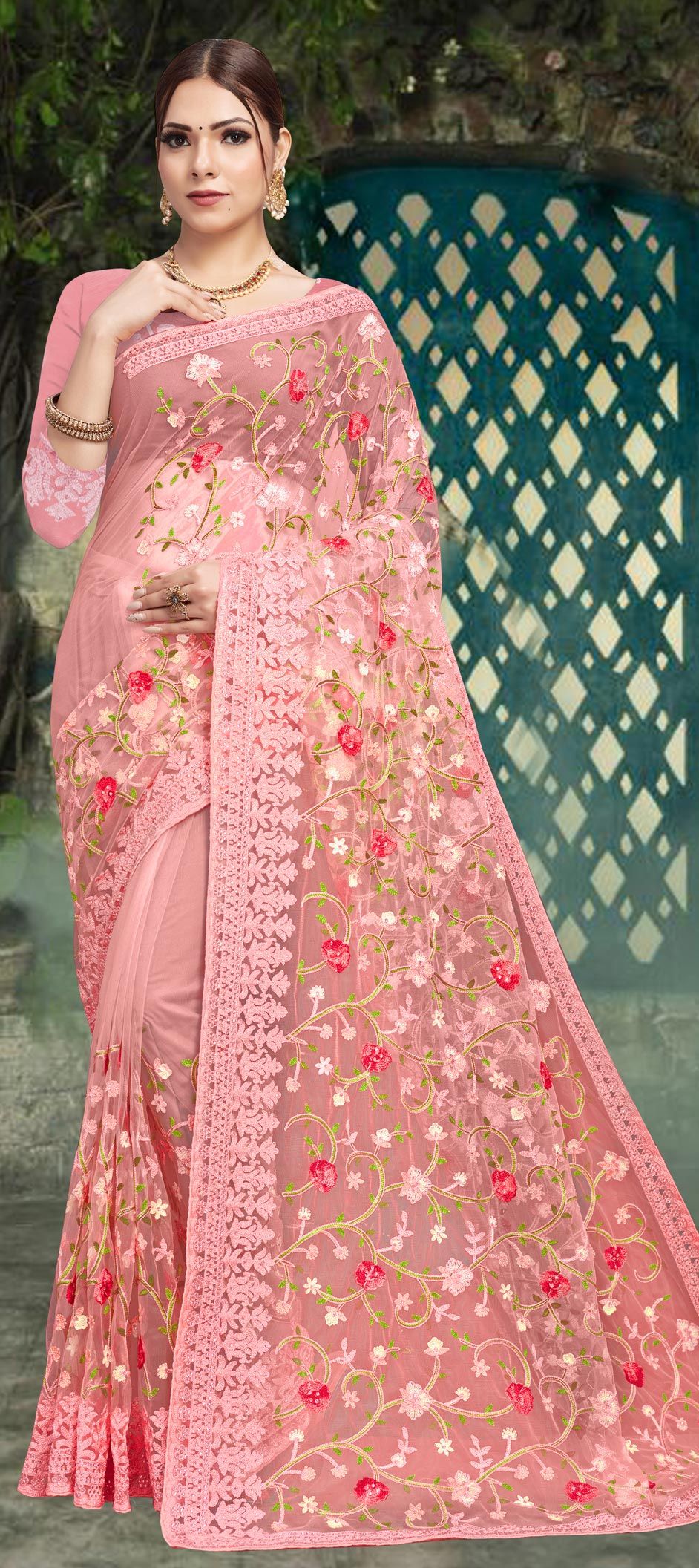 Engagement, Reception, Wedding Pink and Majenta color Net fabric Saree ...
