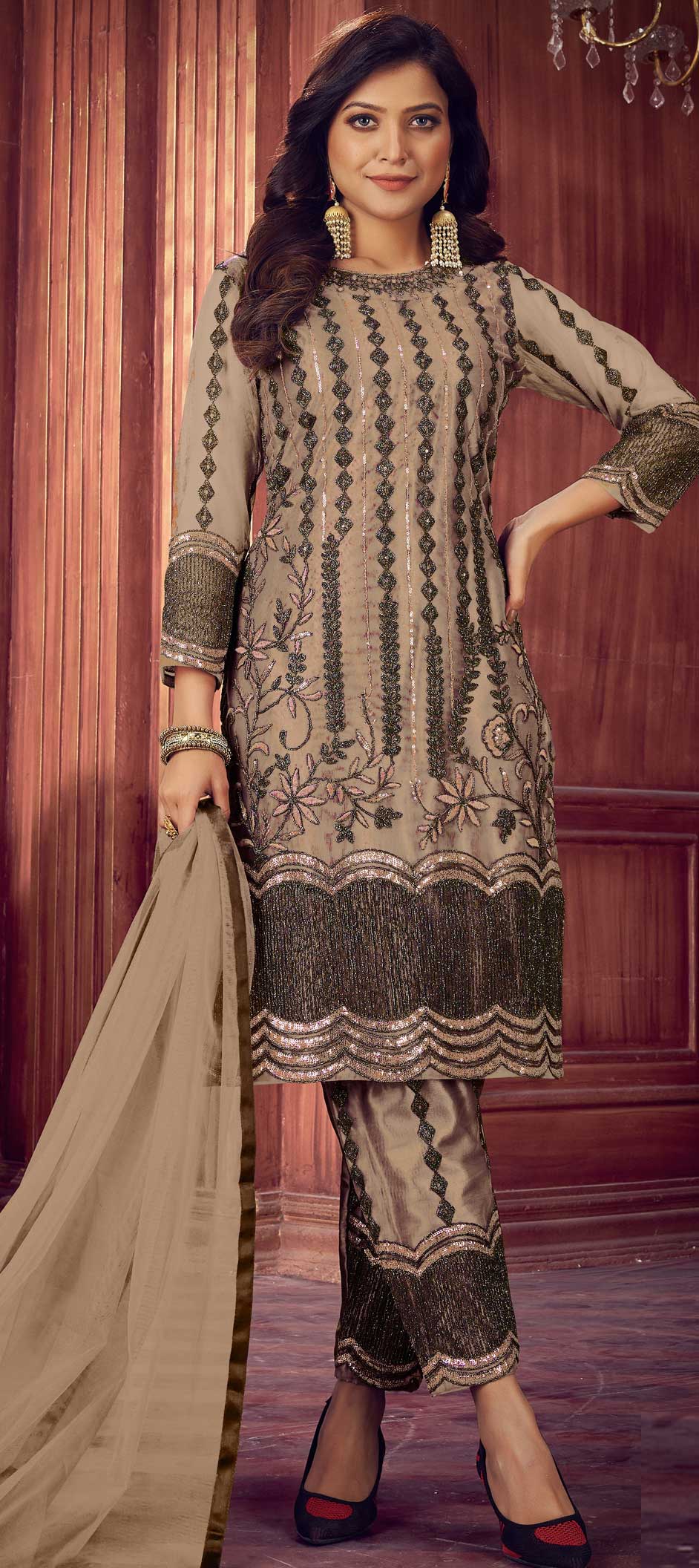 Festive, Party Wear Beige and Brown color Net fabric Salwar Kameez ...