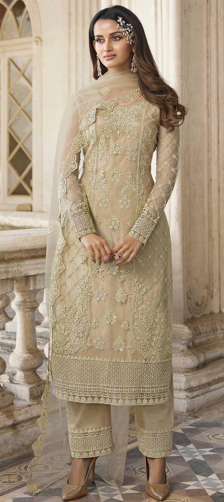 Festive, Party Wear Beige and Brown color Net fabric Salwar Kameez ...