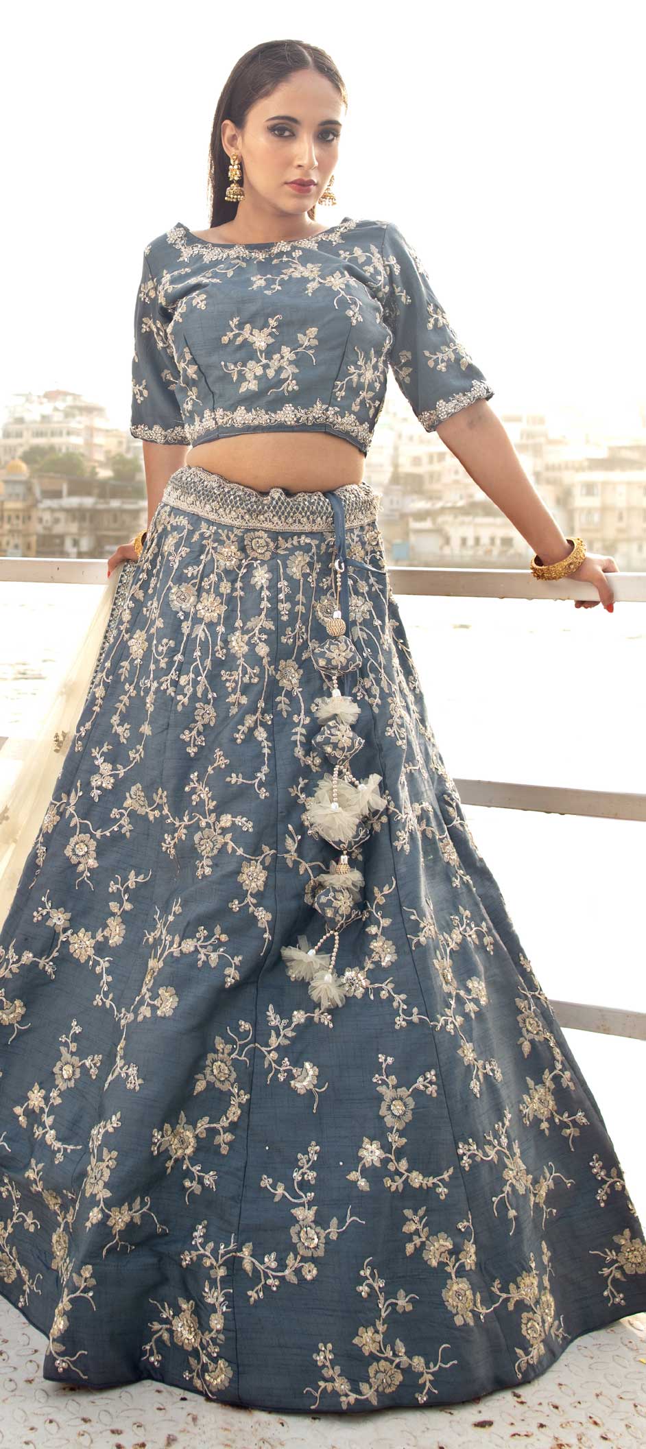 Bridal, Wedding Black and Grey color Silk fabric Lehenga : 1791499