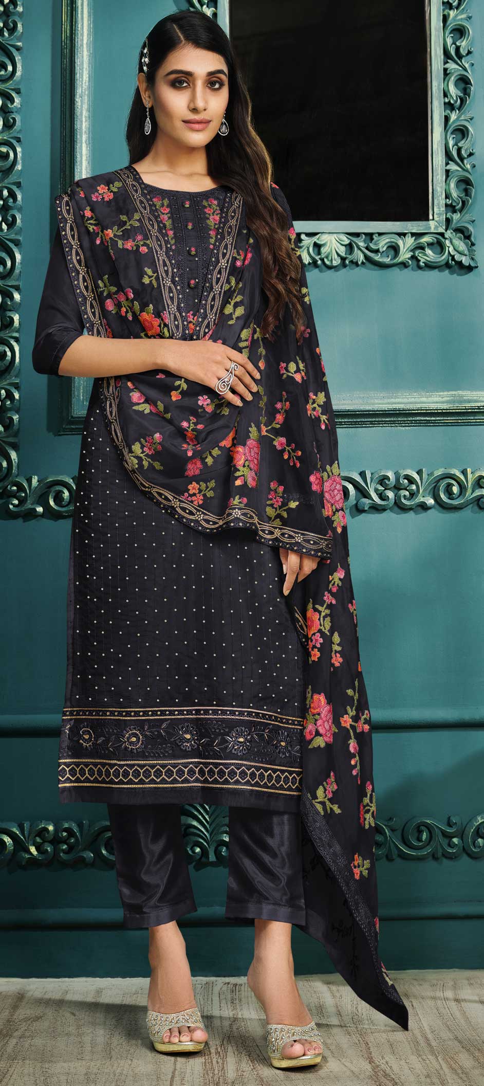 Festive, Party Wear Black and Grey color Organza Silk fabric Salwar ...