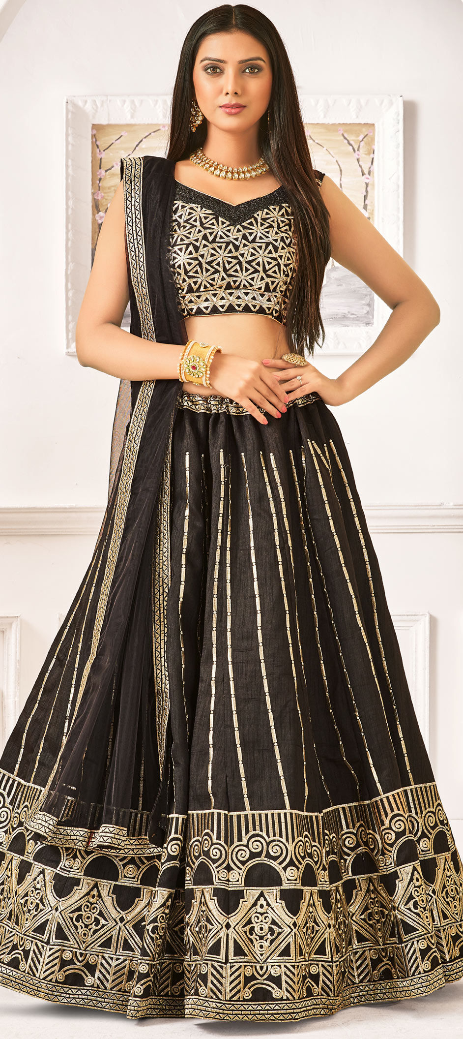 Festive, Party Wear Black and Grey color Bangalore Silk, Satin Silk ...