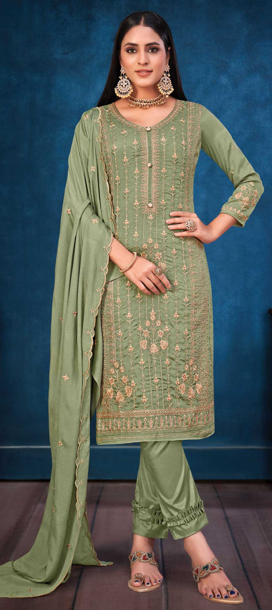 Festive, Party Wear Green color Chiffon fabric Salwar Kameez : 1791892