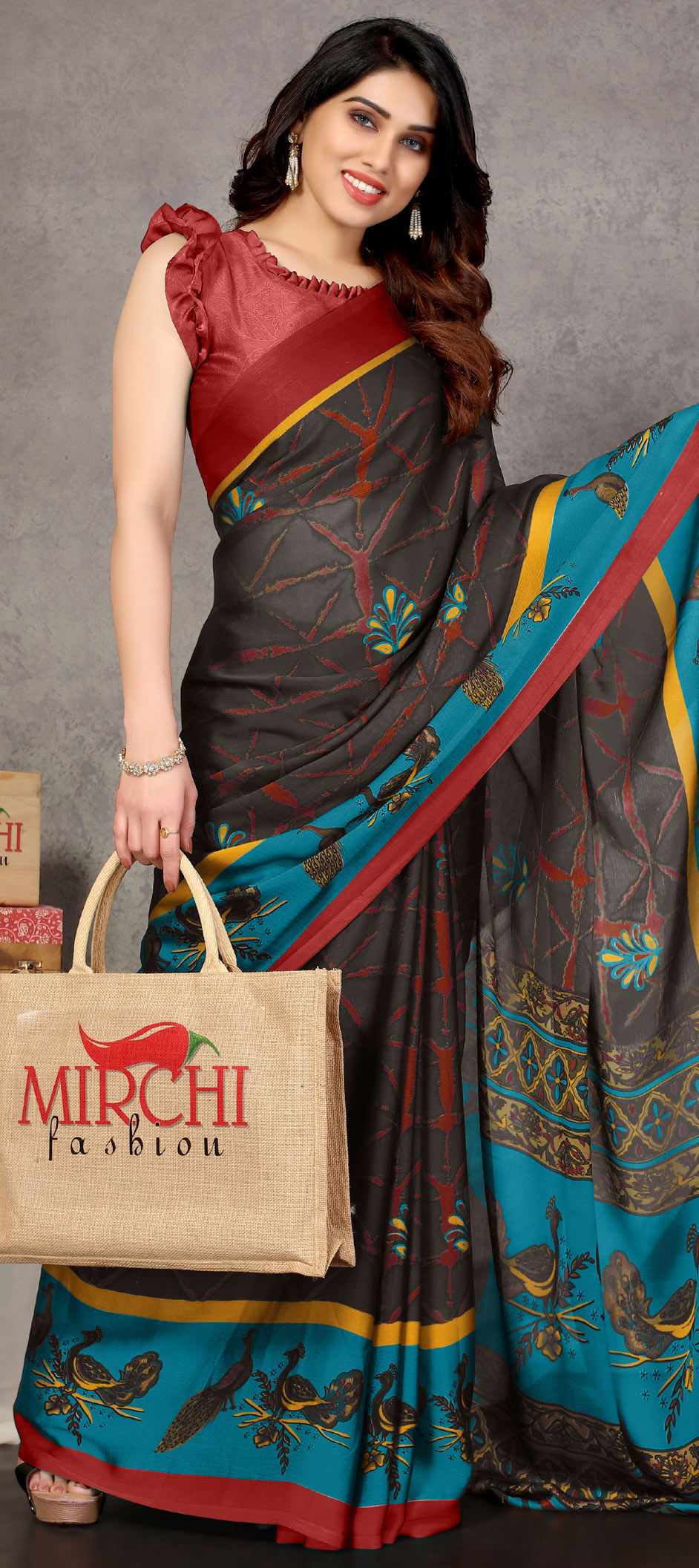 Festive, Party Wear Black and Grey color Chiffon fabric Saree : 1791930