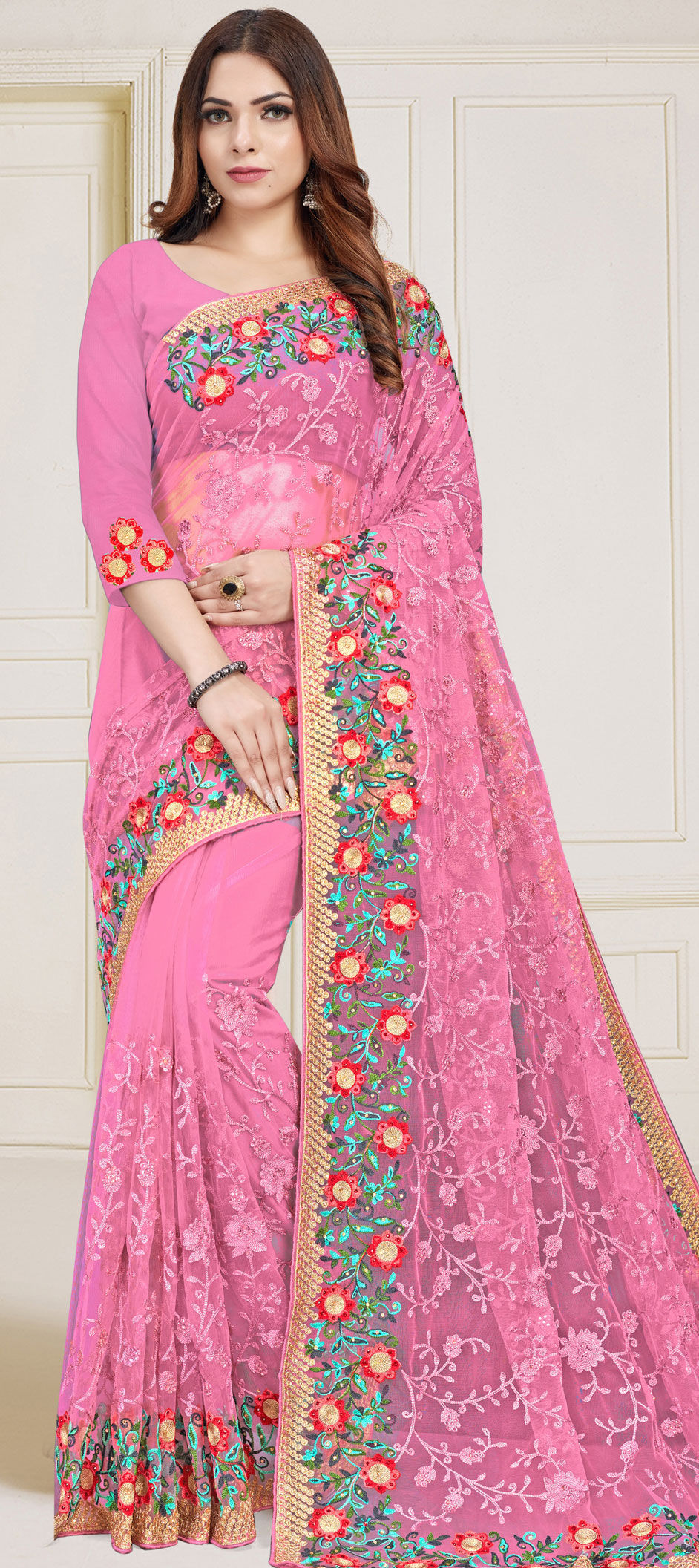 Festive, Party Wear, Wedding Pink and Majenta color Net fabric Saree ...