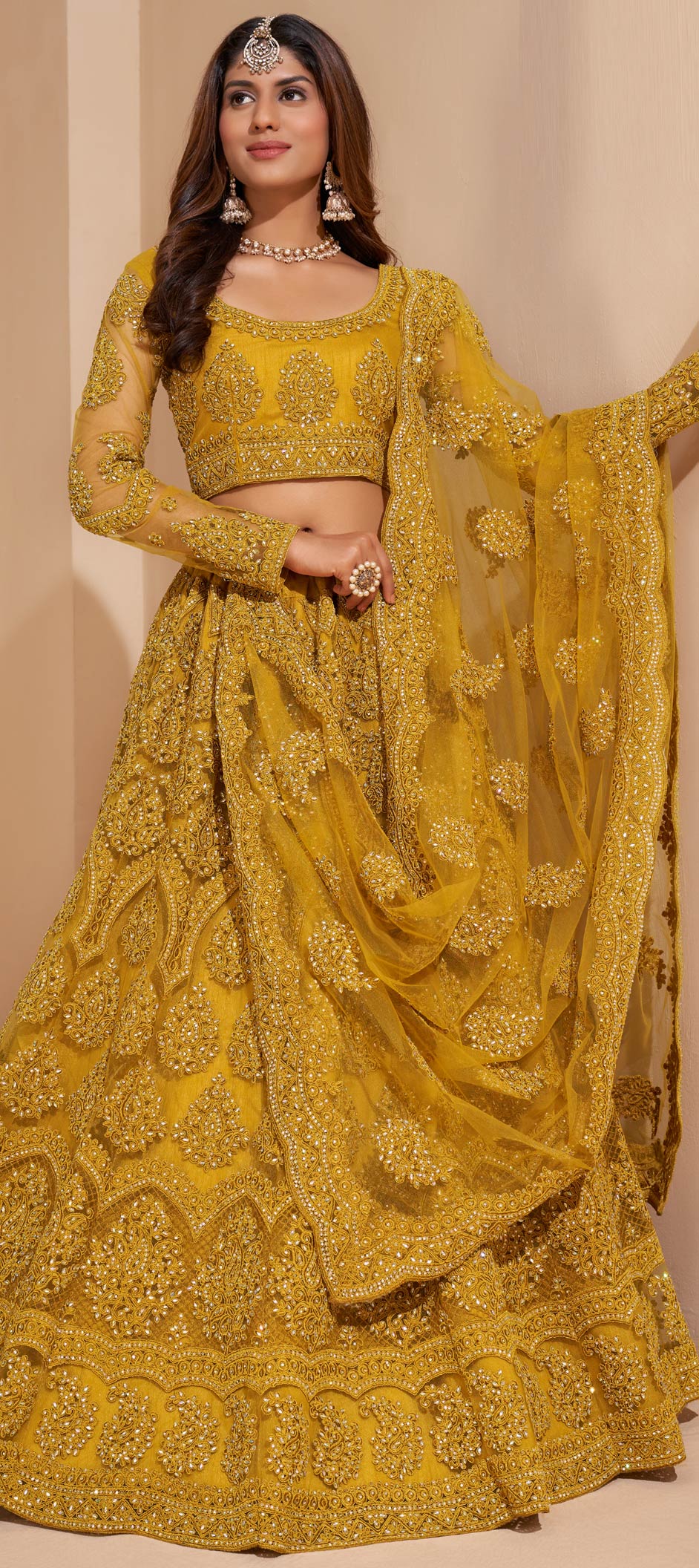 Bridal, Wedding Yellow color Net fabric Lehenga : 1792115